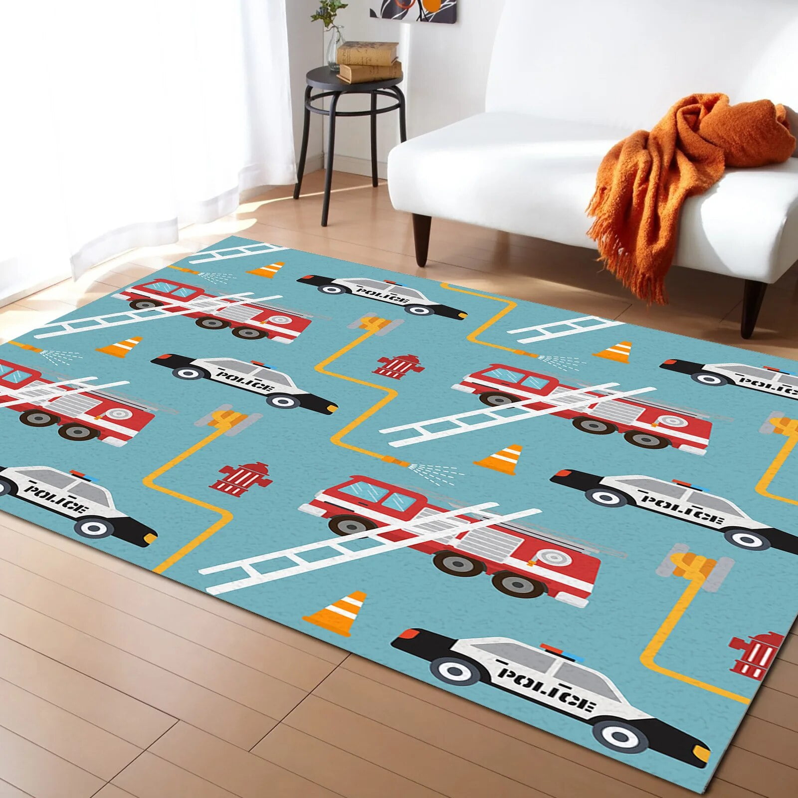 Coral velvet Toy Car Police Car Fire Truck Bedroom Round Rugs Living ...