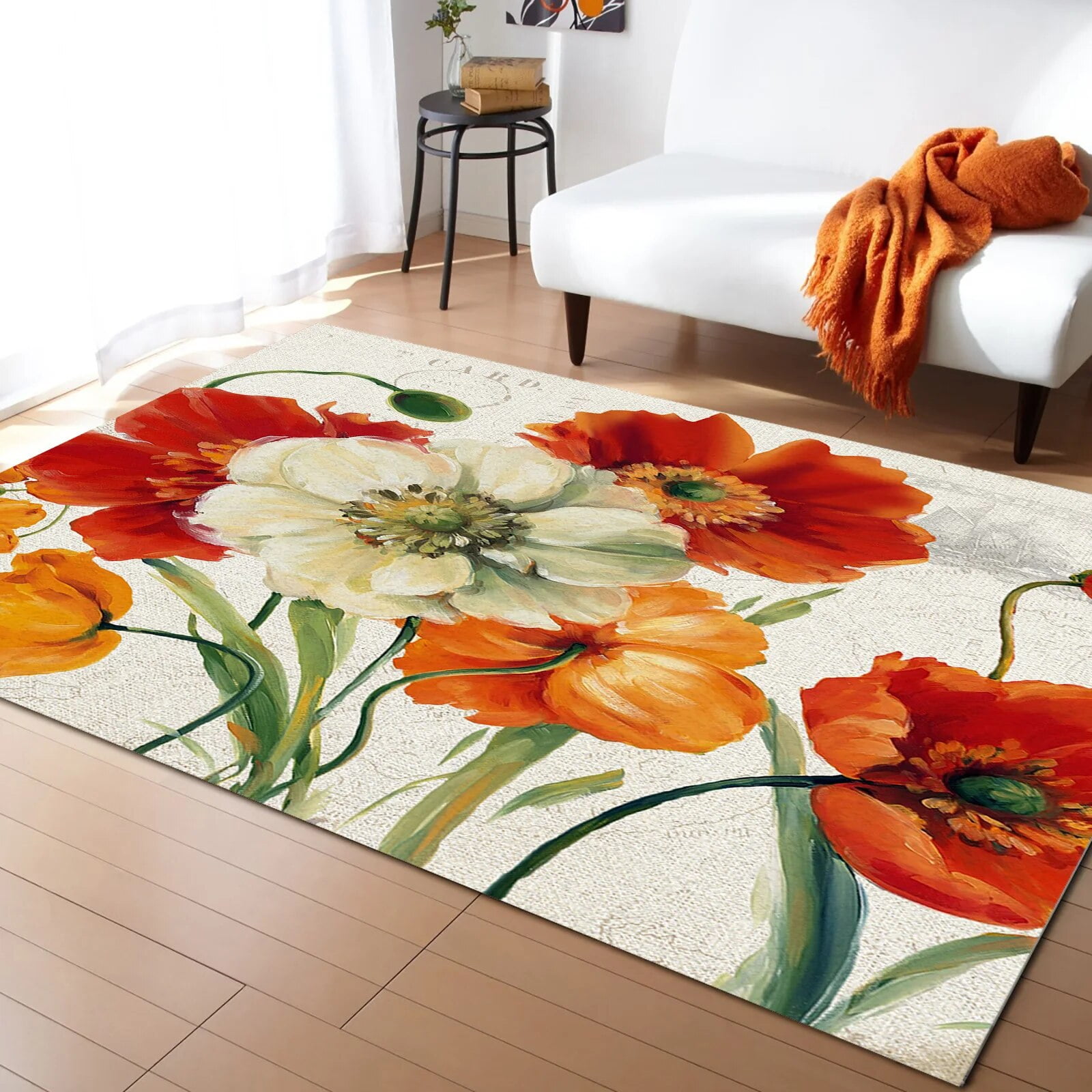 Coral velvet Vintage Flowers Poppies Living Room Carpet Coffee Table ...