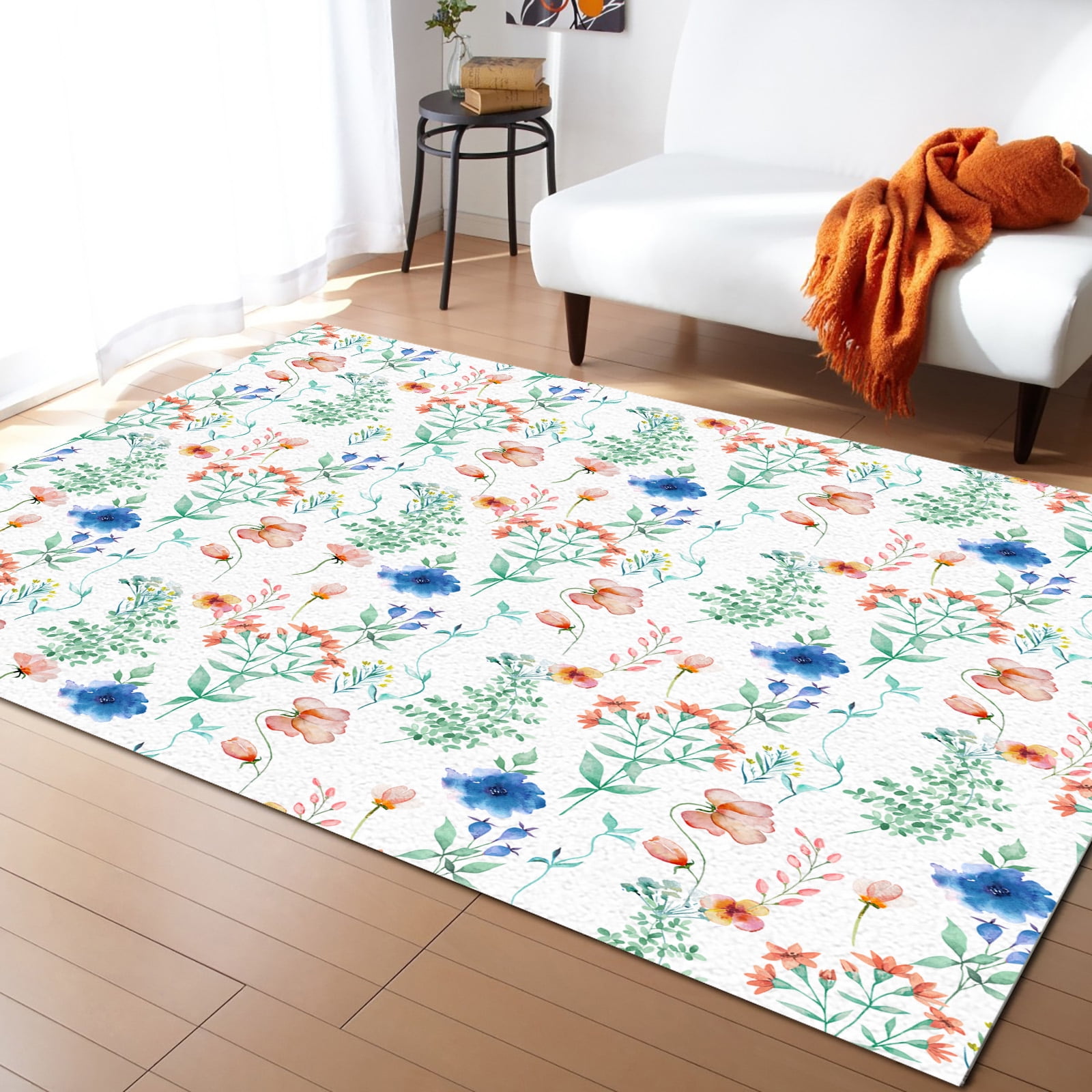 Coral velvet Watercolor Leaves Plants Flowers Living Room Floor Mat ...