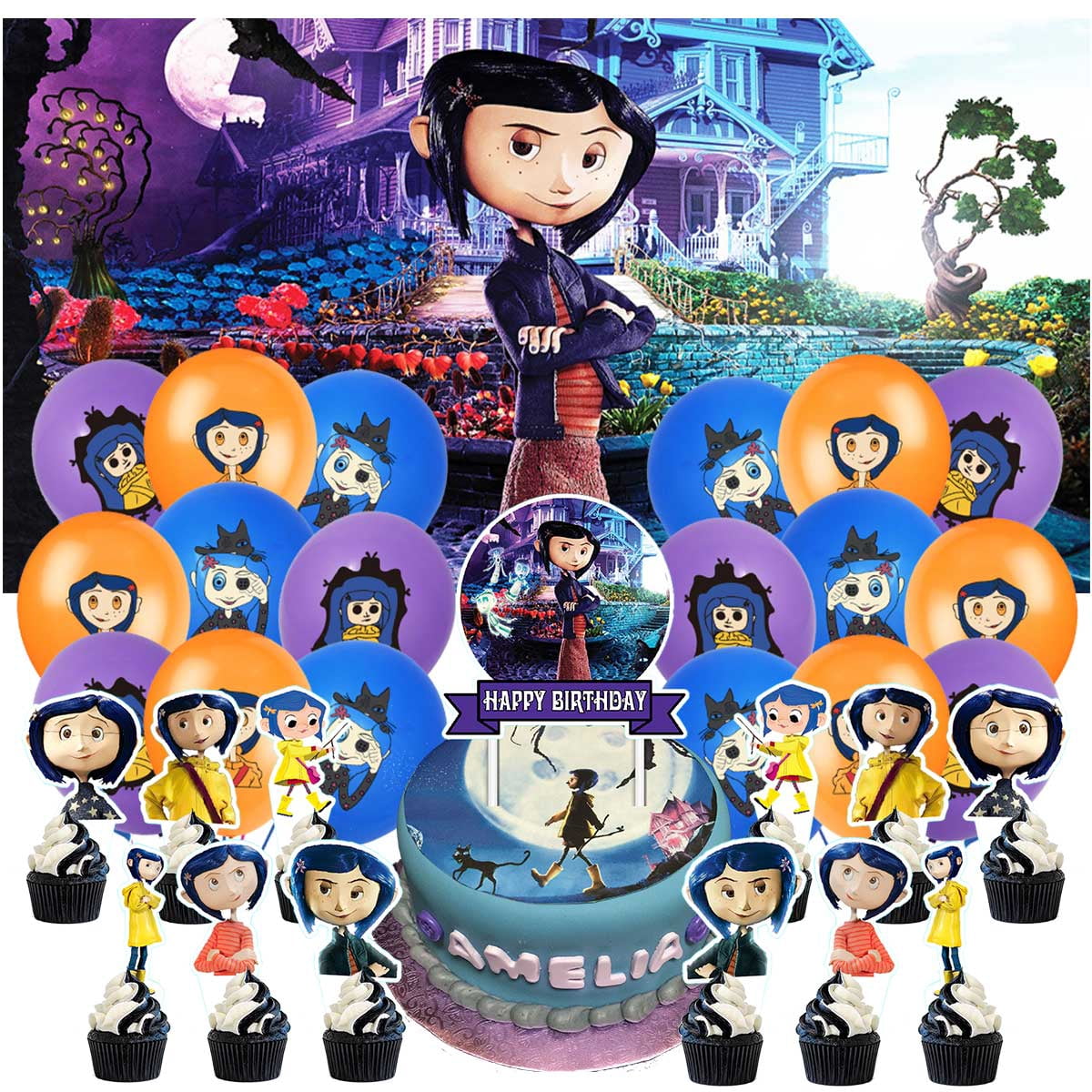 Coraline Birthday Party Decor Set - 5x2.3ft Themed Backdrop Banner ...