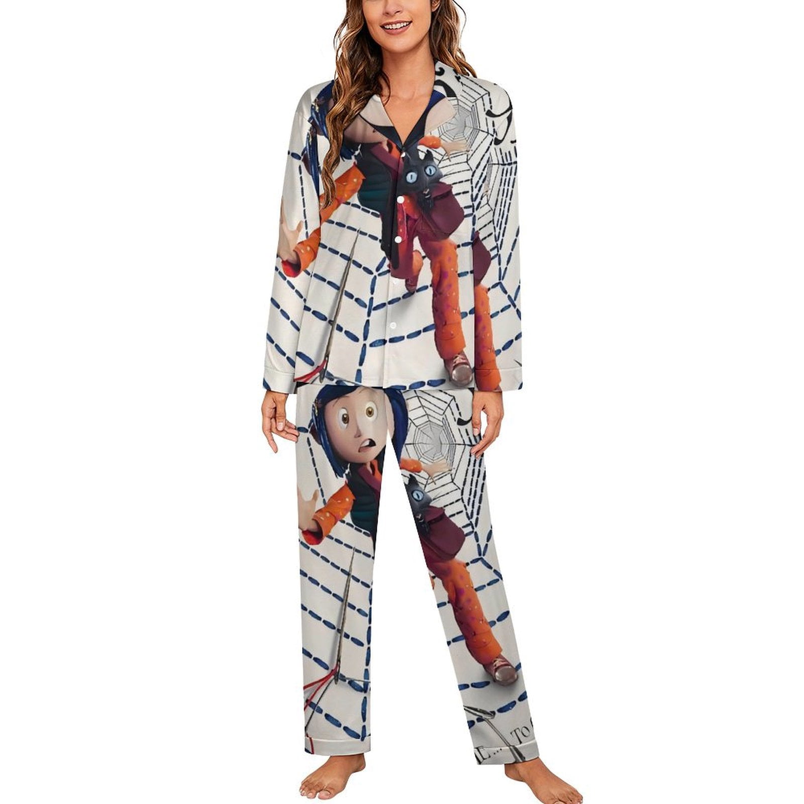 Coraline Women's Long Sleeve Cuban Tie Pocket Pajama Set M - Walmart.com