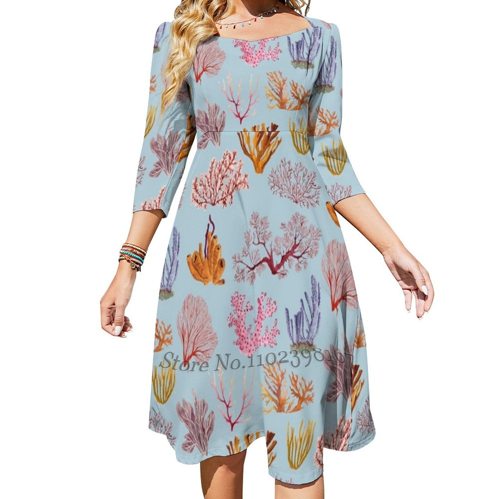 Corals Pattern ( Light Blue ) Sweet Elegant Dress Women Korean Kawaii ...