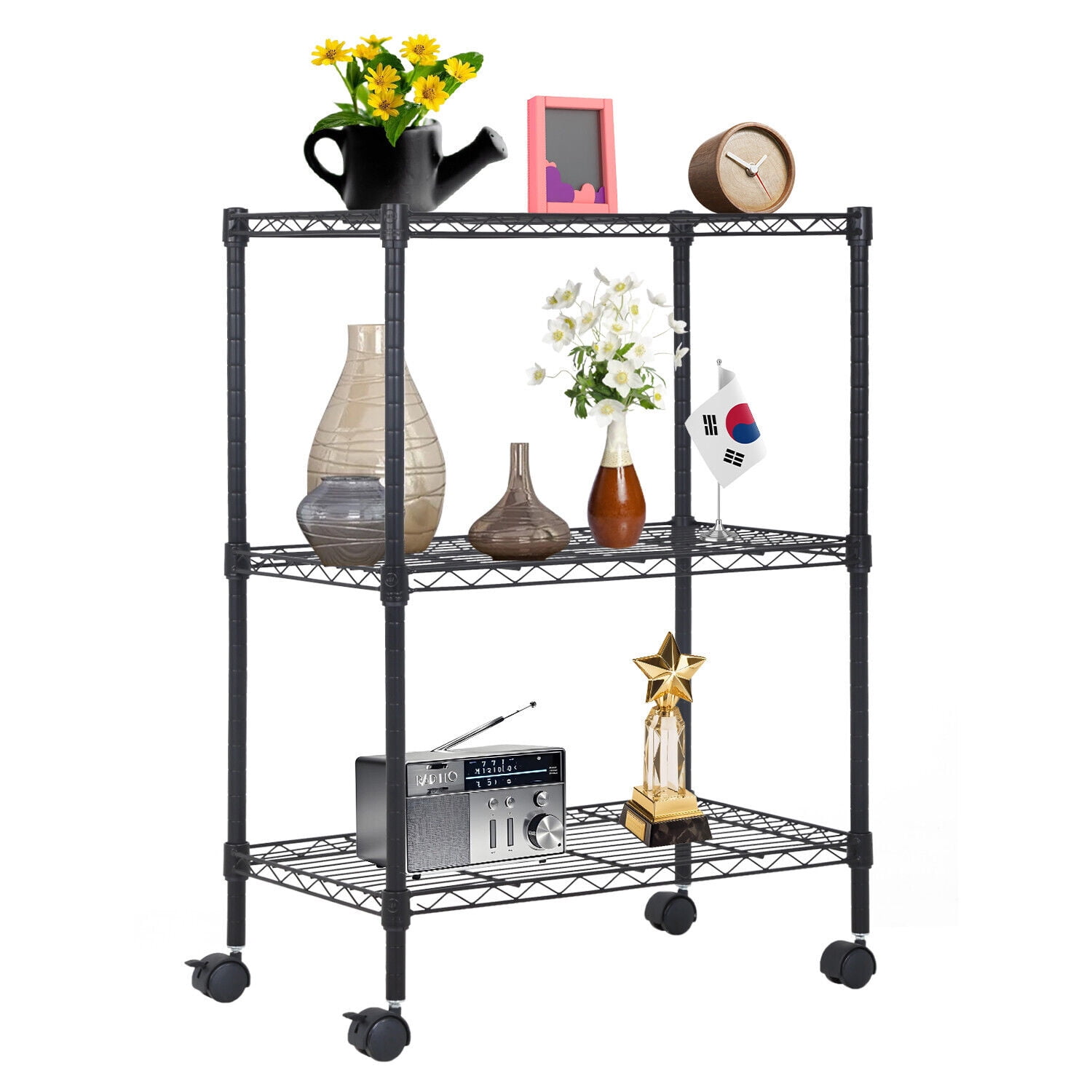 Coraluna 3-Tier Adjustable Metal Storage Rack with Wheels Mesh Shelving ...