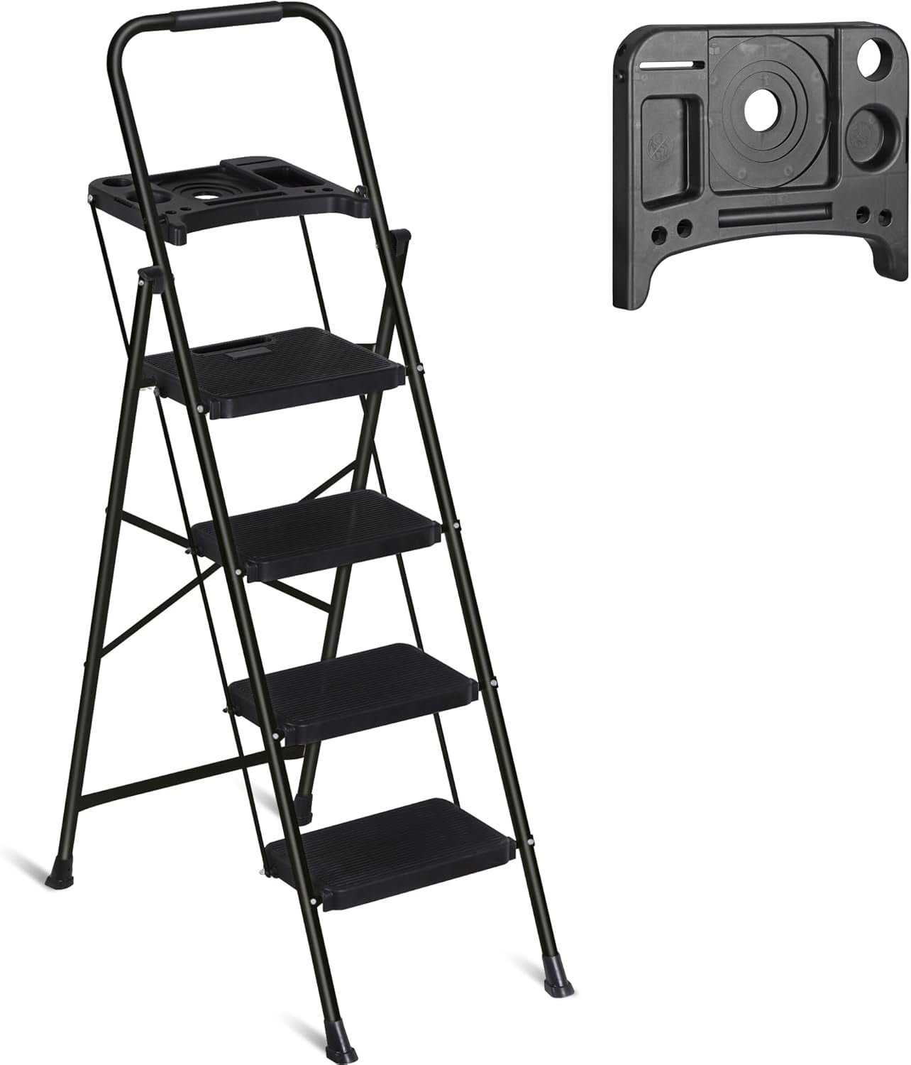 Coraluna 4 Step Ladder with Tool Tray, Folding Step Stool with Wide ...