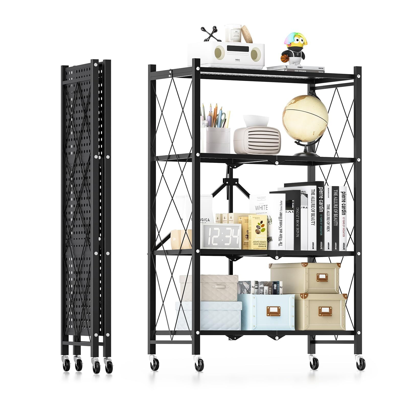 Coraluna 4-Tier Foldable Metal Rack Storage Shelving Unit with Wheels ...