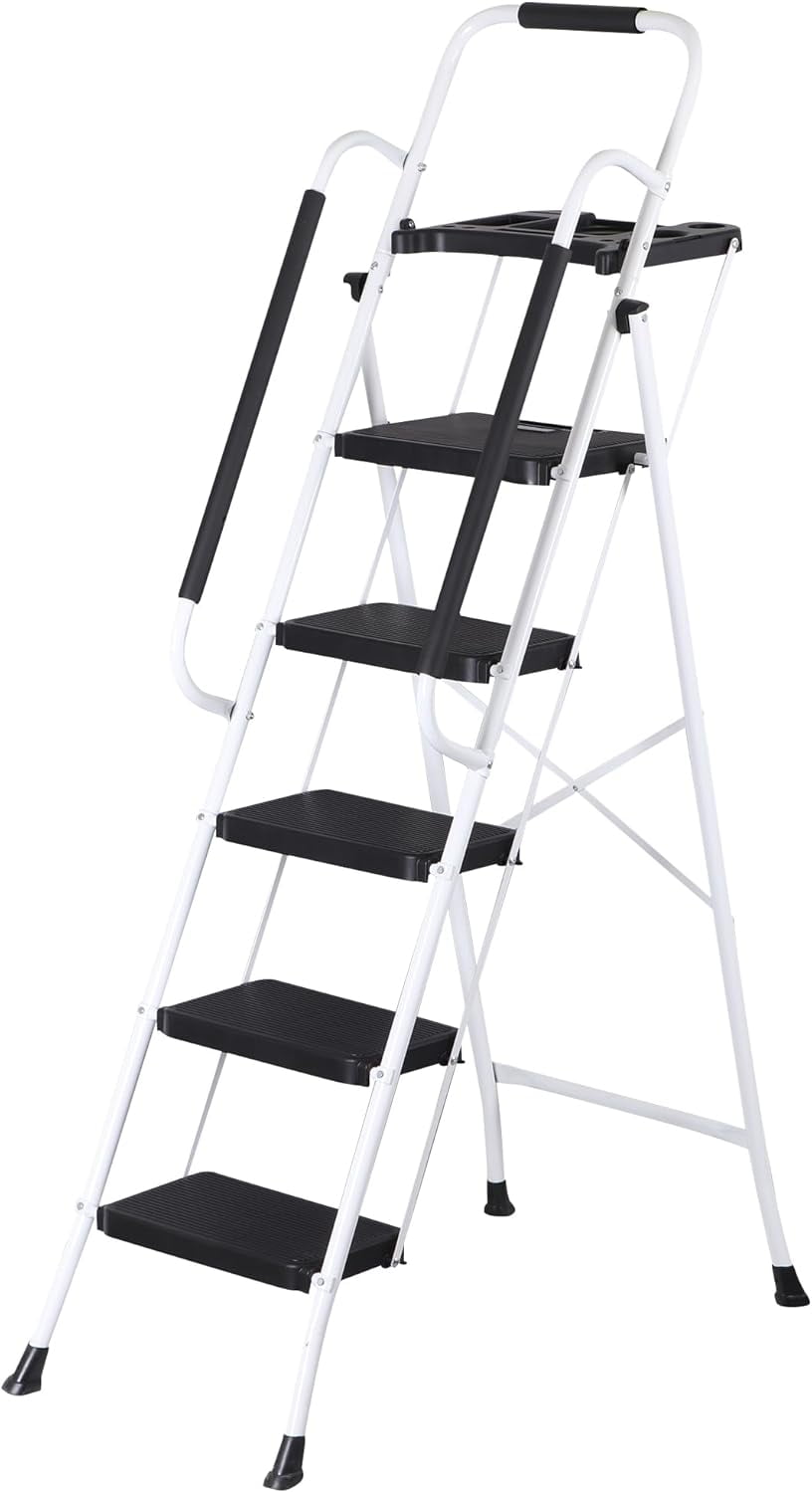 Coraluna 5 Step Ladder with Handrails and Tool Tray, Folding Step Stool ...