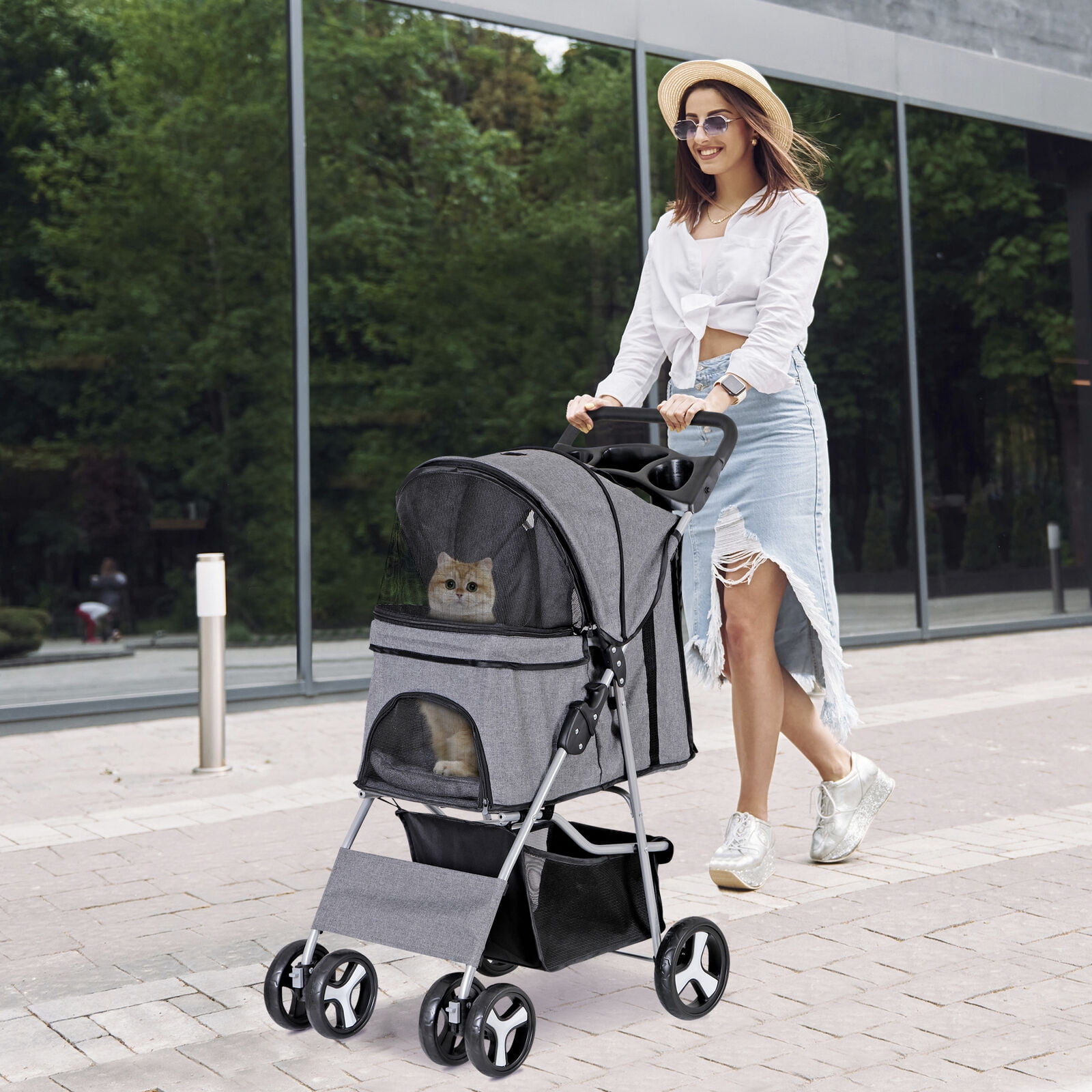 Coraluna 6 Colors Foldable Carrier Strolling Cart 4 Wheel Pet Stroller ...
