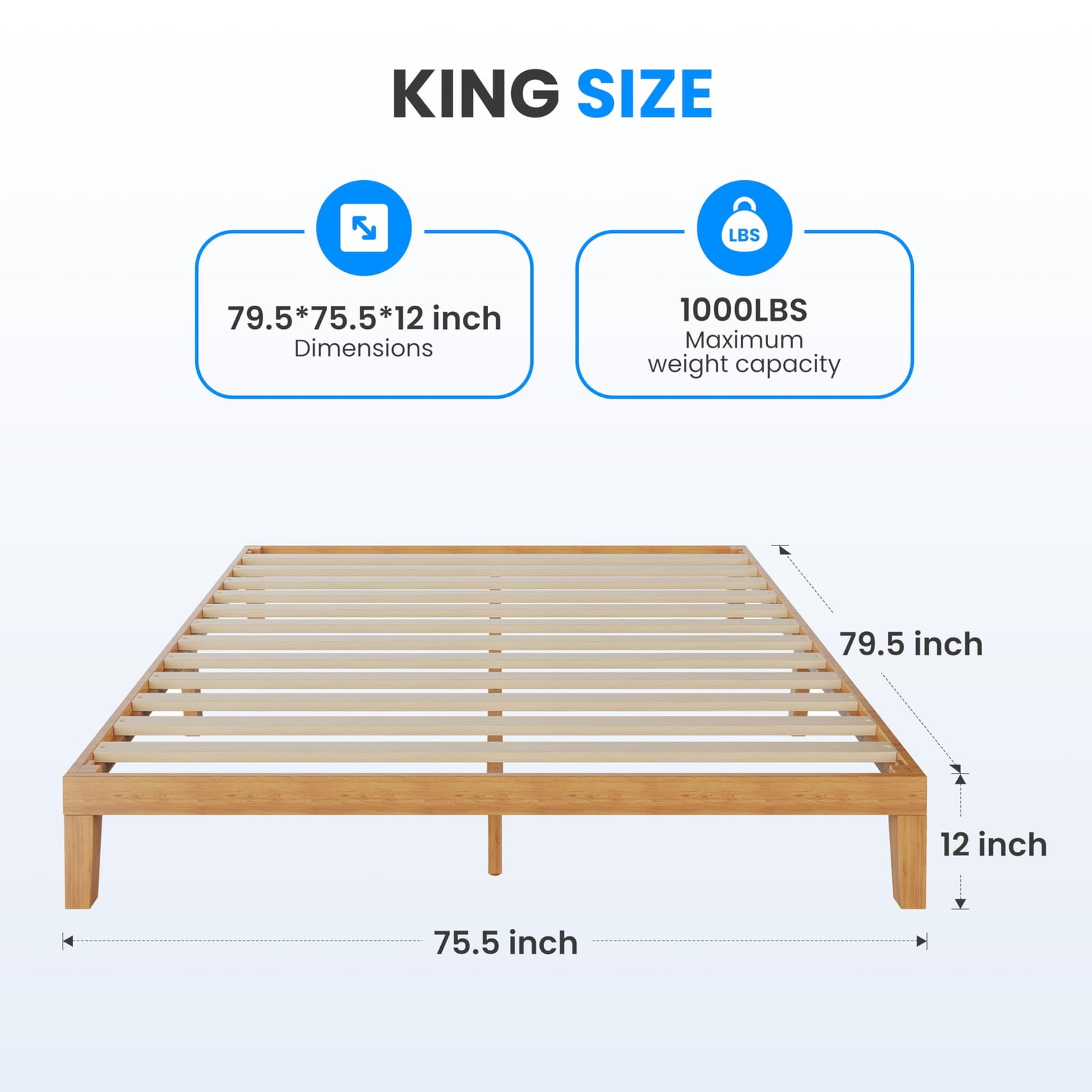 Coraluna Wood Bed Frame, 12 Inch Wooden Platform Bed with Support Slats ...