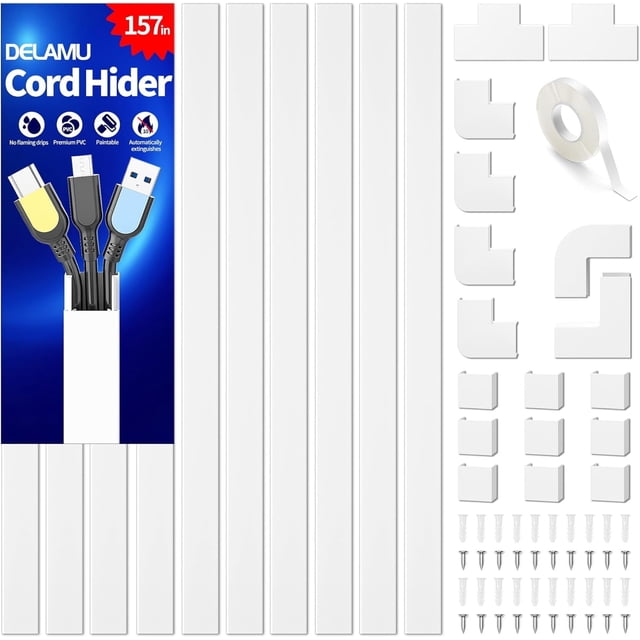 "DELAMU White Cord Hider, 157"" Cable Protector, Wall Mount Wire ...