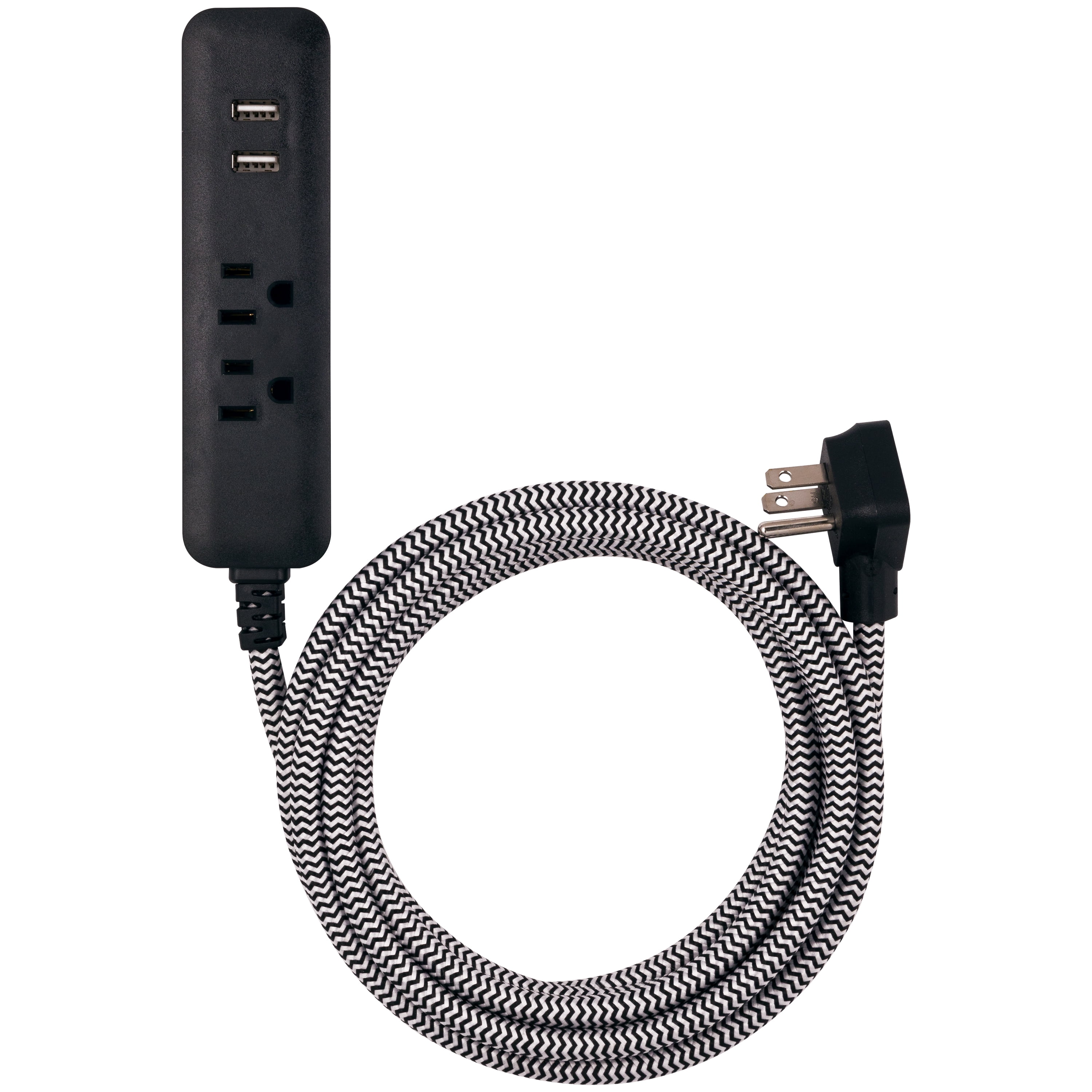 Cordinate 2 Outlet 2 USB Power Strip, 10 ft Braided Cord, Black/White ...
