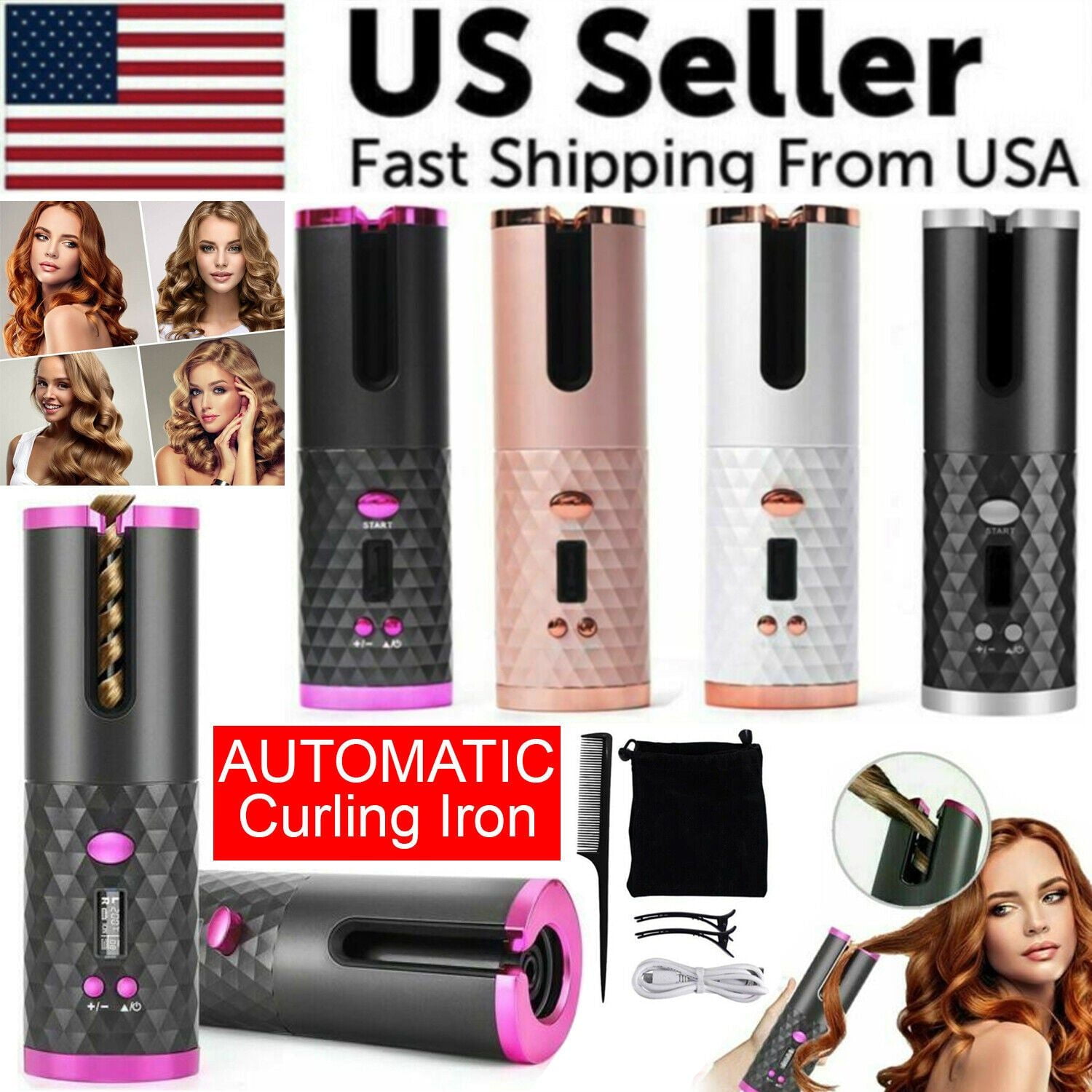 Cordless Auto Rotating Hair Curler with LCD Display Wireless Ceramic ...