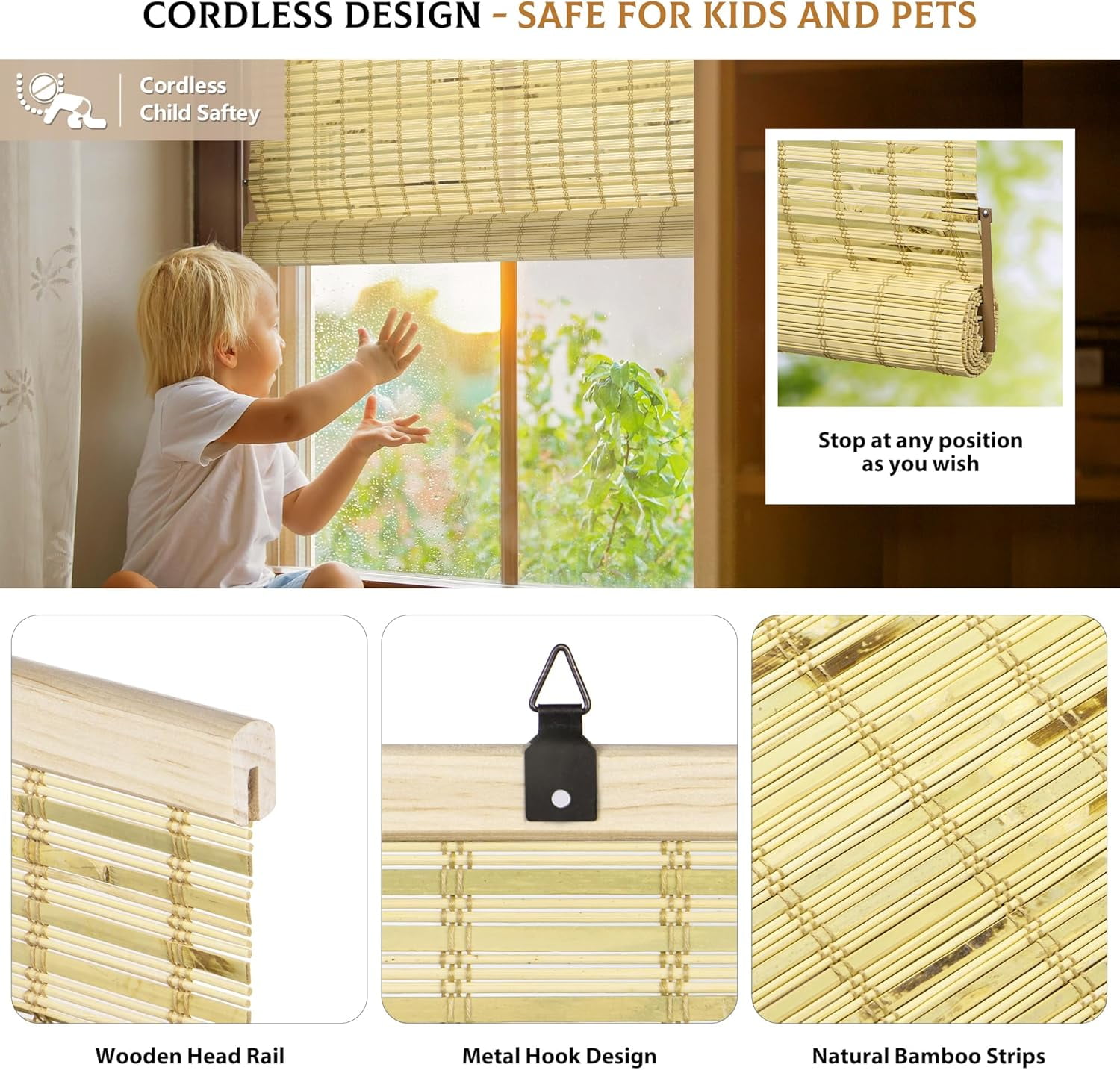 Cordless Bamboo Blinds, Bamboo Roll Up Shades for Windows, Light ...