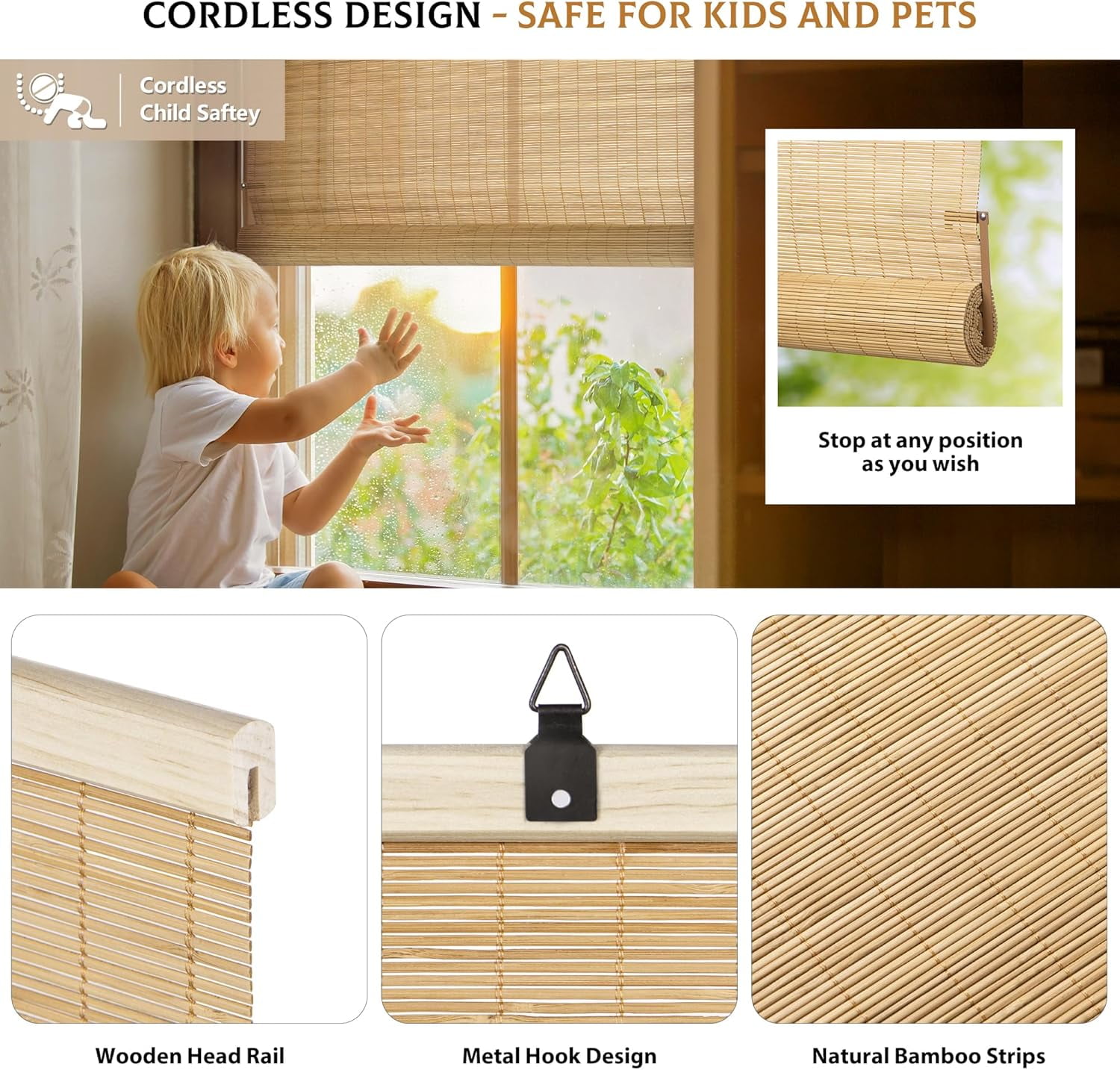 Cordless Bamboo Blinds, Roll Up Shades for Windows, Light Filtering ...