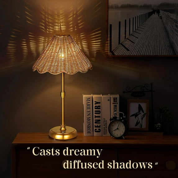 Cordless Boho Rattan Table lamp, 5200-mAh Rechargeable Battery, 3-level ...