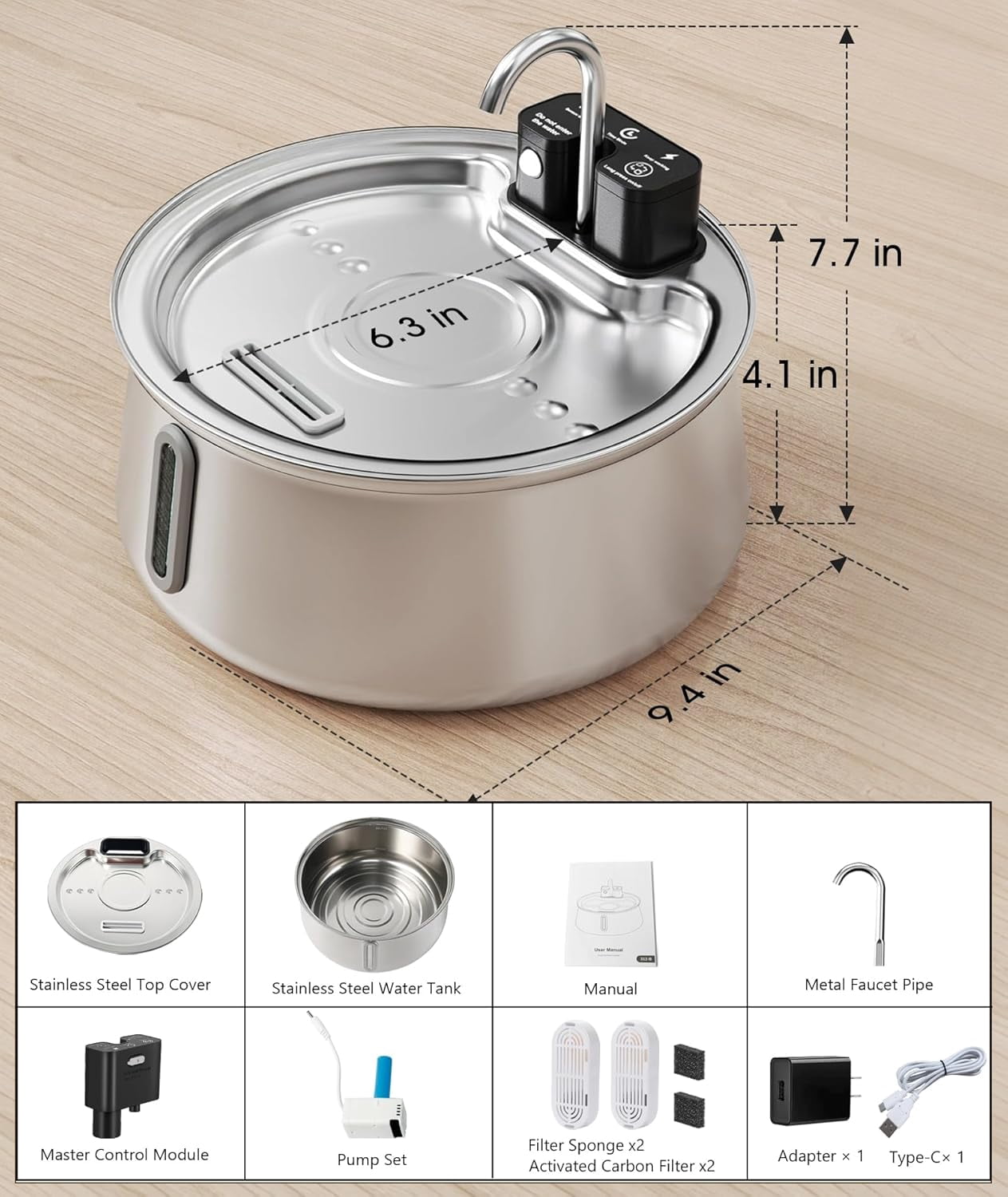 Cordless Cat Water Fountain Stainless Steel, 4L/135oz Automatic Pet ...