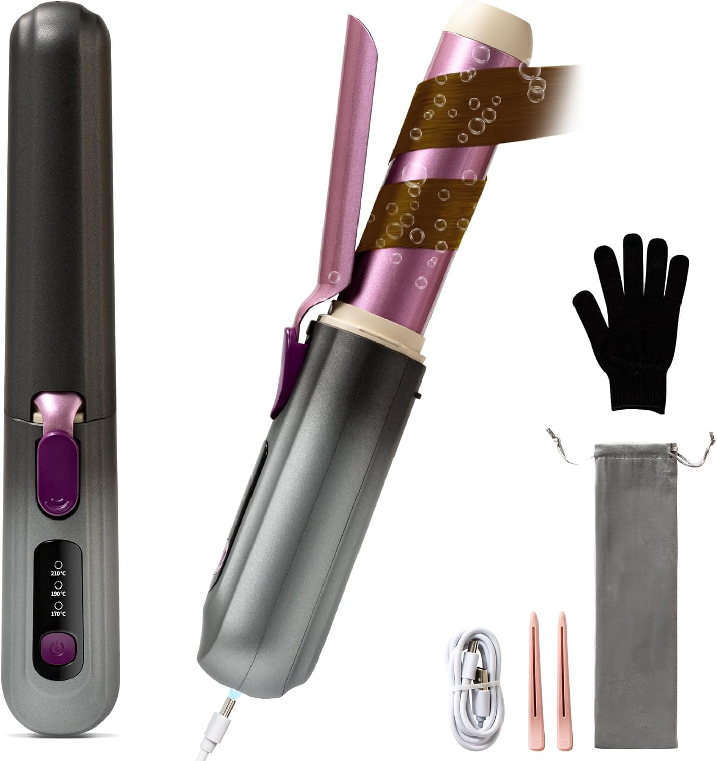 Cordless Curling Iron, 8000mAh USB Rechargeable Travel Curling Wand ...