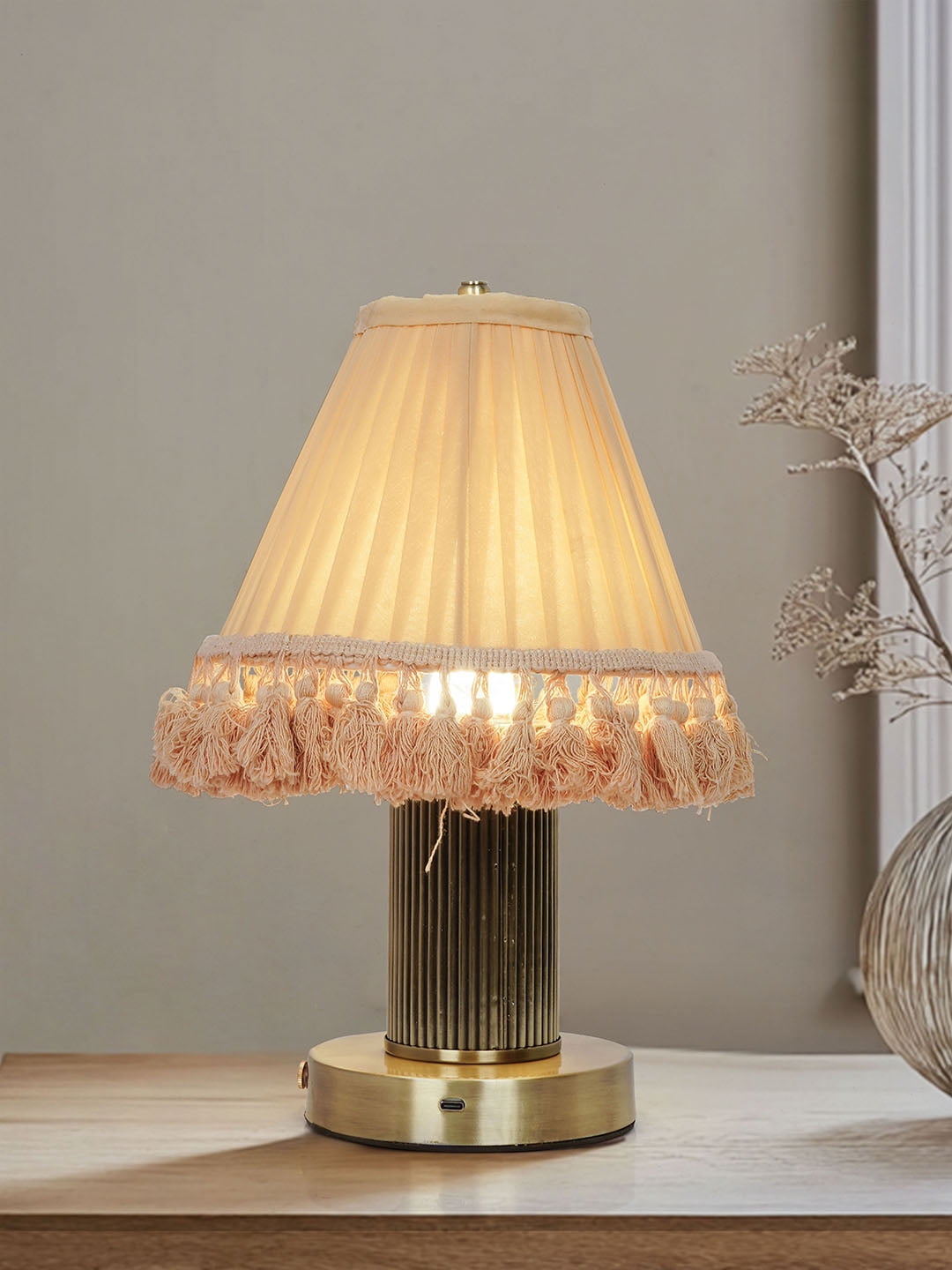 Cordless Dimmable Touch Antique Brass Table Lamp with Camel Pleated ...