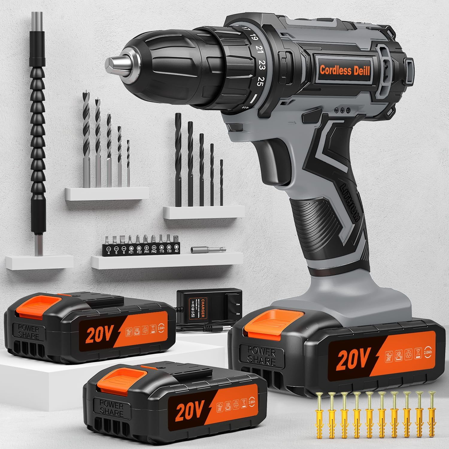 Cordless Drill, 20V Power Drill, Double 2000mAh Batteries Electric ...