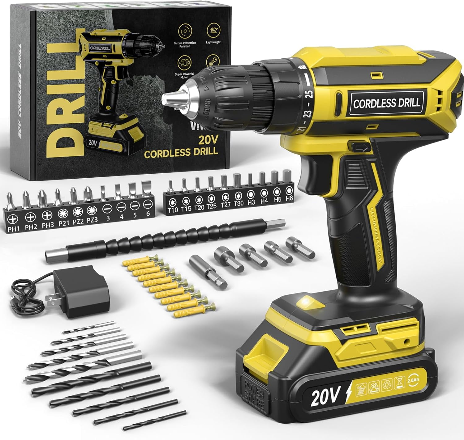 Cordless Drill, 20V Power Drill Set with 2.0Ah Power & , 3/8 Inch ...