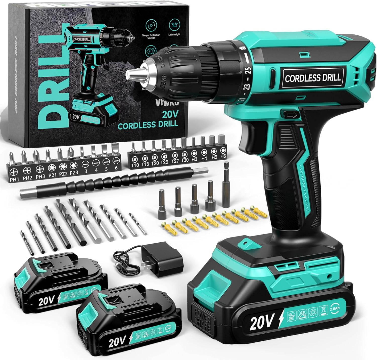 Cordless Drill, 20V Power Drill Set with 2 & , 3/8 Inch Keyless Chuck ...