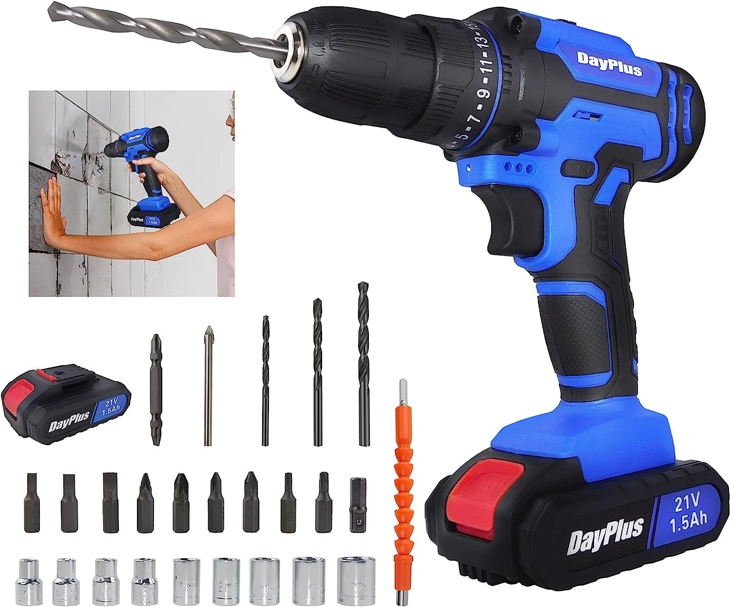 Cordless Drill, 21V Impact Driver 1.5Ah Lithium-Ion Battery and Fast ...