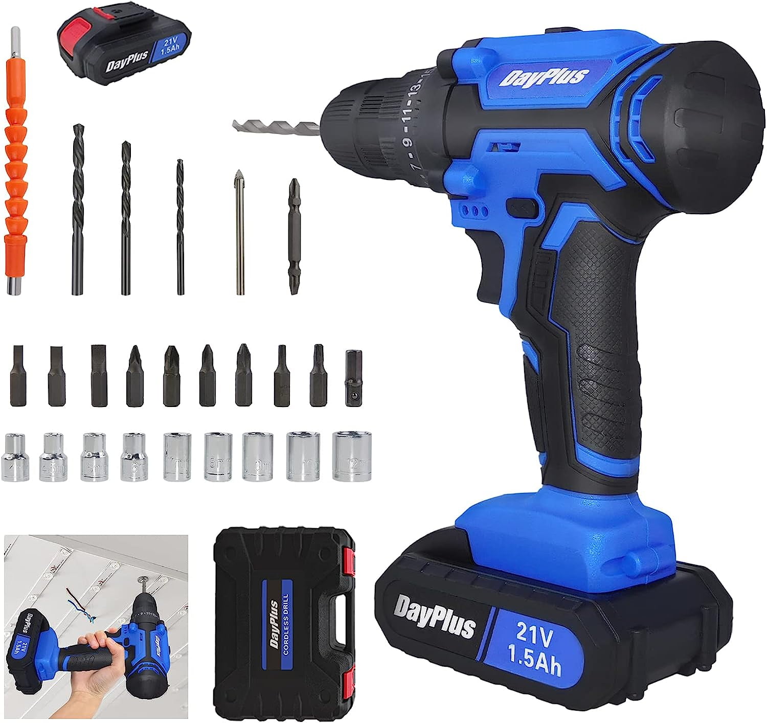 Cordless Drill, 21V Power Drill Set with 3/8"Keyless Chuck, Electric ...