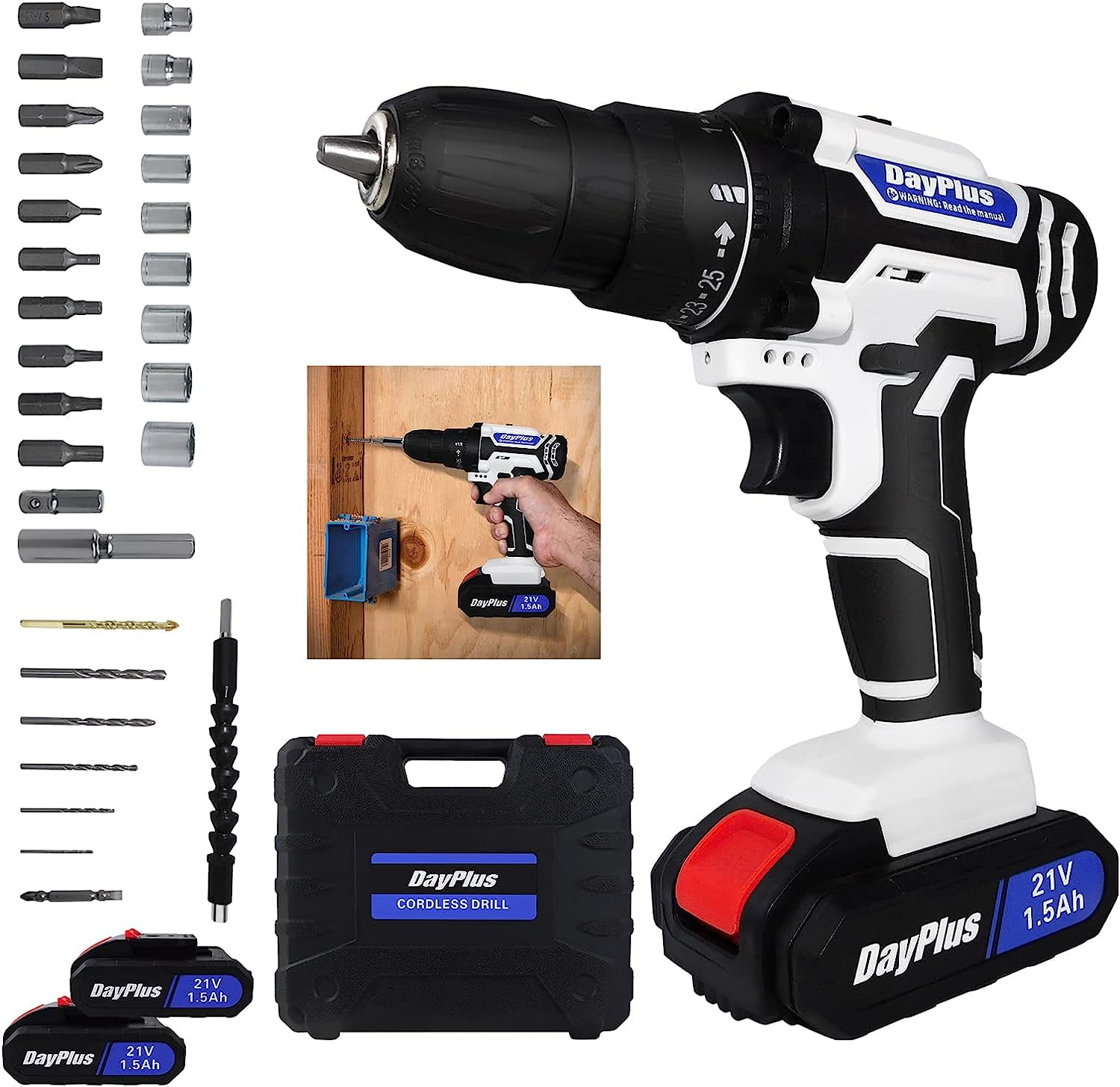 Cordless Drill, 21V Power Drill Set with 3/8"Keyless Chuck, Electric ...