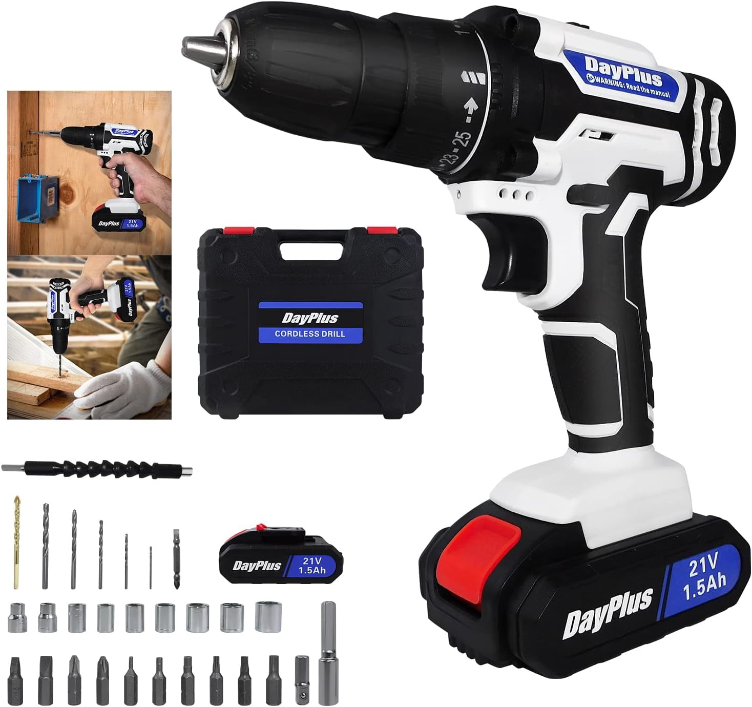 Cordless Drill 21V Power Driver Drill Kit with Battery and Charger, 2 ...