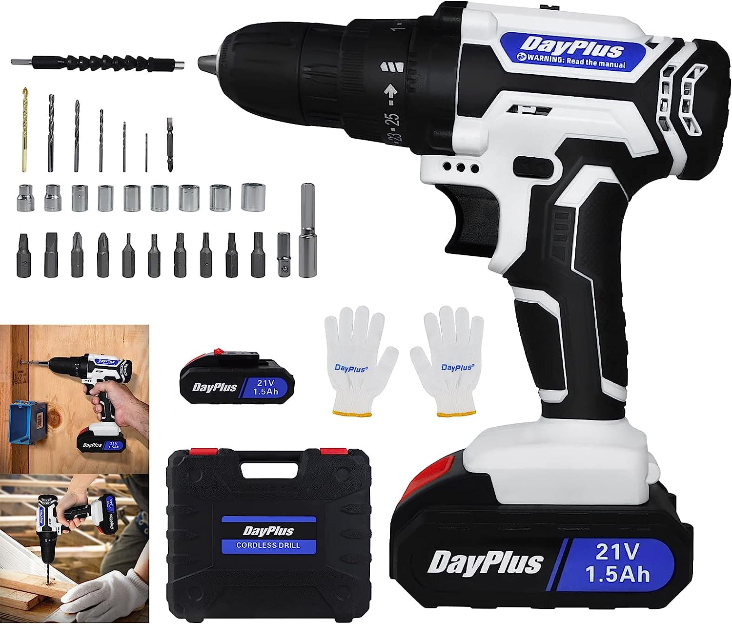 Cordless Drill 21V, Power Electric Driver with 1 × 1500mAh Battery and ...