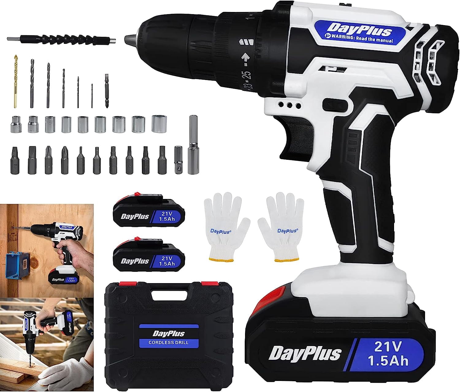 Cordless Drill 21V, Power Electric Driver with 2 × 1500mAh Battery and ...