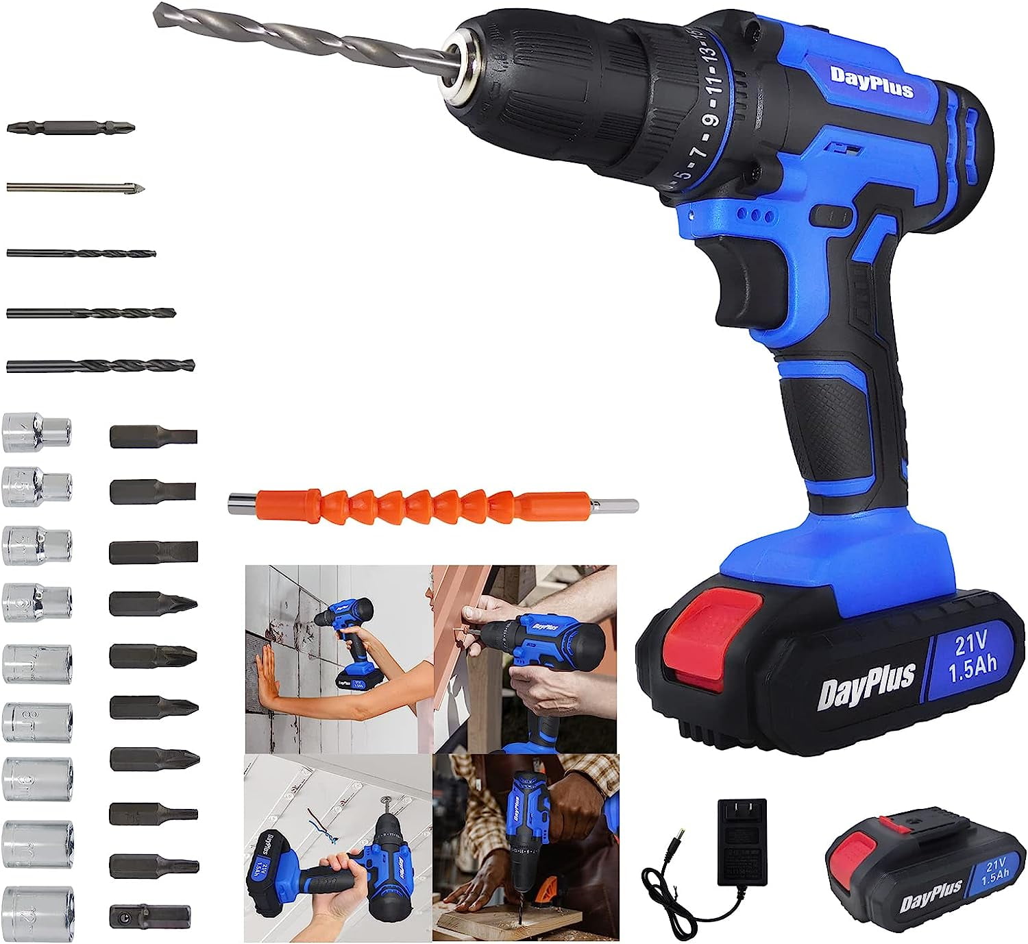 Cordless Drill 21V Power Drill Kit, Power Driver 3/8-Inch Keyless Chuck ...