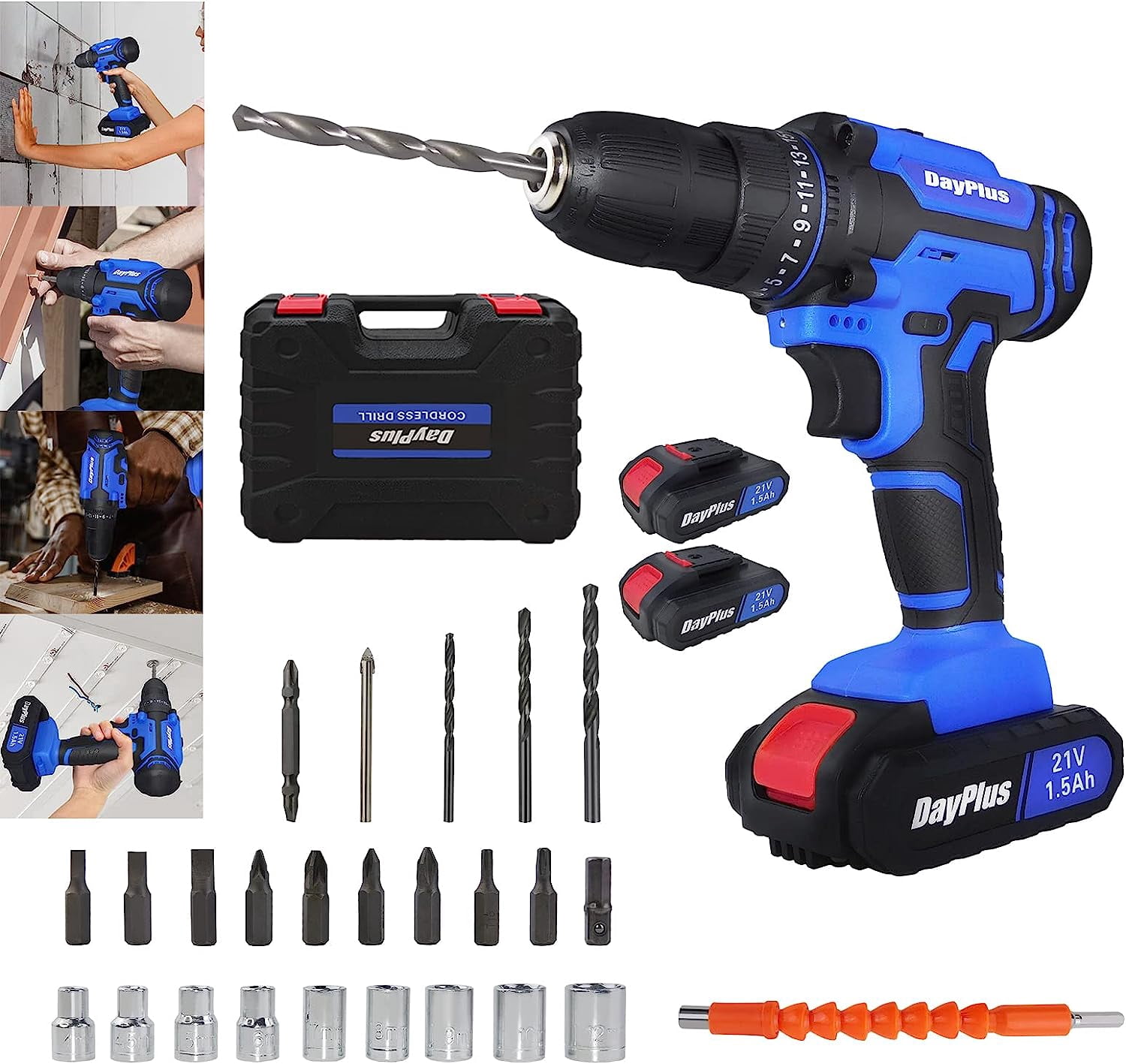 Cordless Drill 21V Power Drill Kit, Power Driver 3/8-Inch Keyless Chuck ...