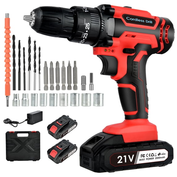 21V Power Cordless Drill Set, Electric Screwdriver with 2 Batteries ...