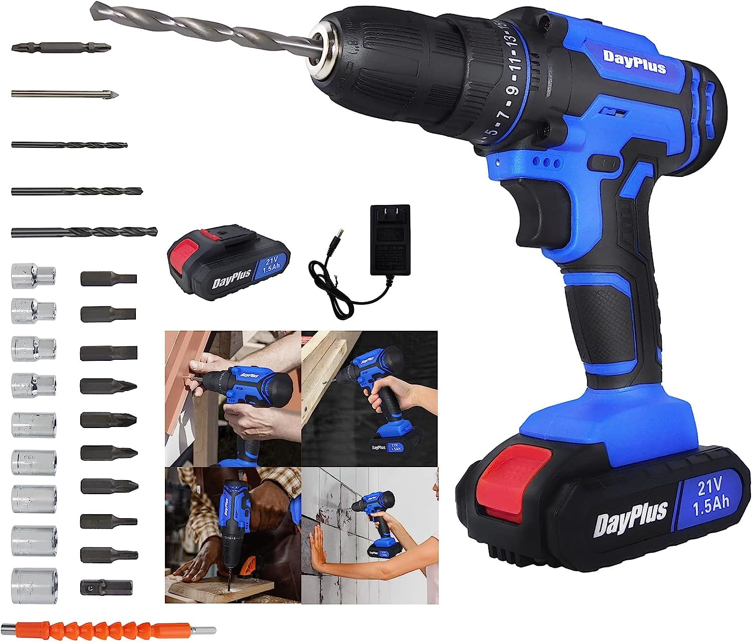 Cordless Drill Driver Kit, 21V Power Drill Set with 1.5Ah Lithium-Ion ...
