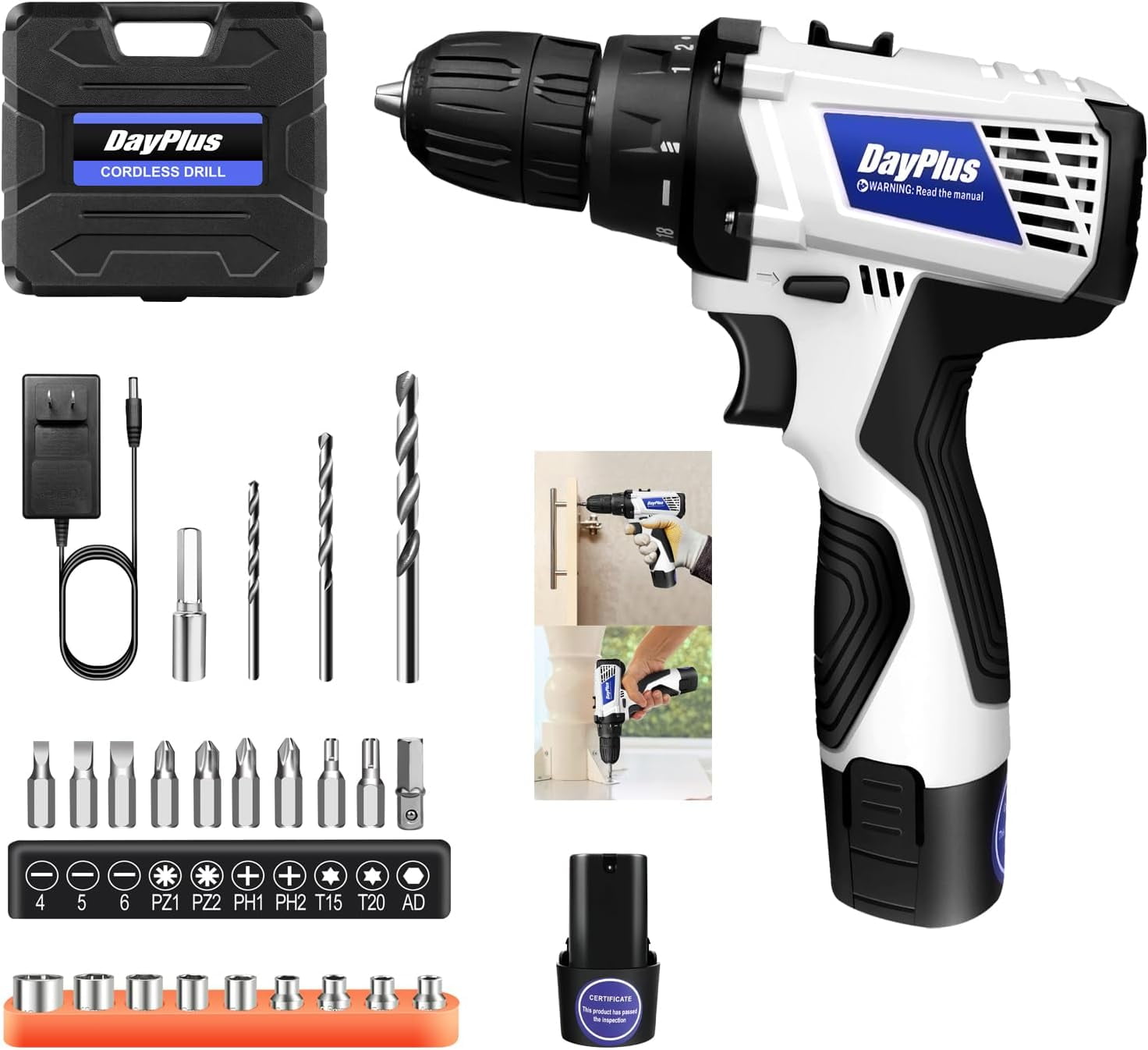 Cordless Drill, Impact Drill Set with 1.3Ah Li-Ion Battery and Fast ...