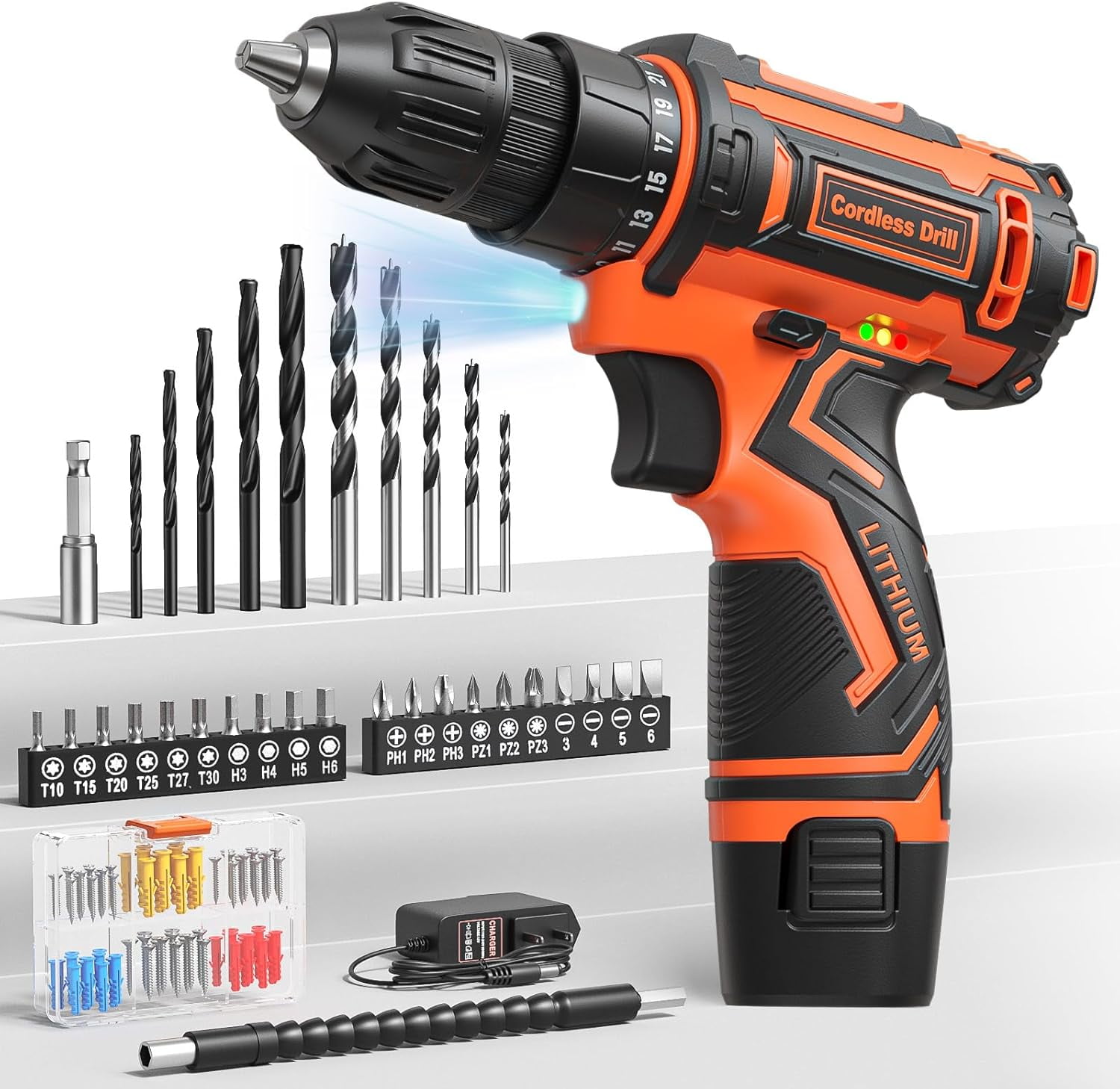 Cordless Drill Set,12V Power Drill Driver 3/8" Keyless Chuck with 92 ...