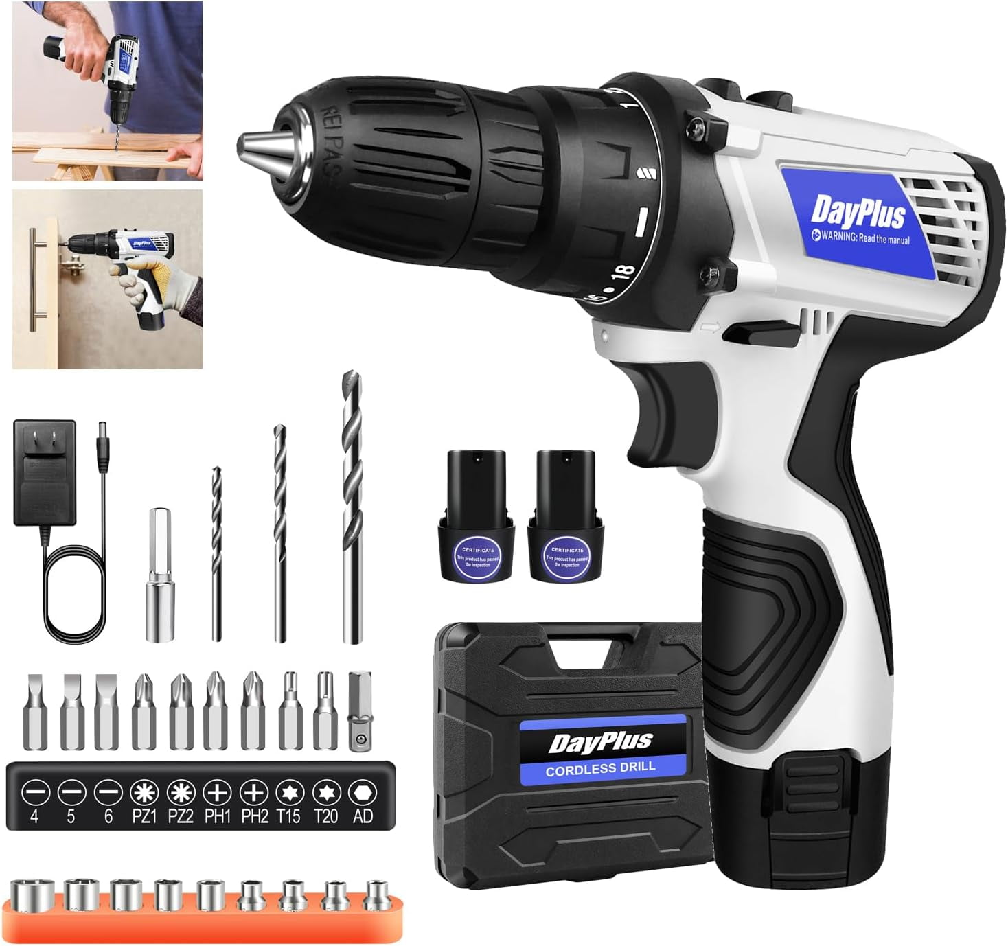 Cordless Drill Set, 18+1 Torque Setting Impact Drill kit with 1.3Ah ...