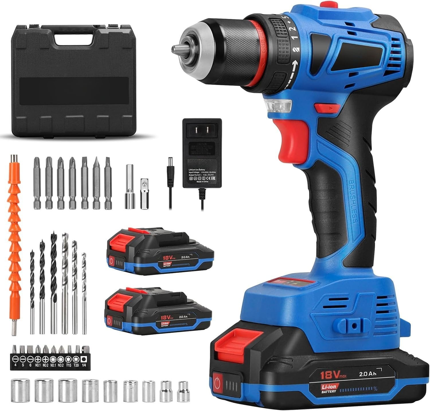 Cordless Drill Set,18V Brushless Power impach driver with and , 3/8 ...