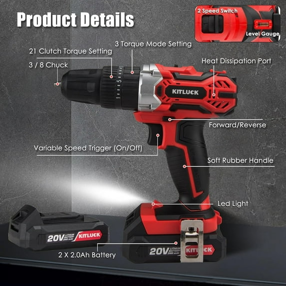 Cordless Drill Set, 20V Power Drill Kit Electric Drills with 2 X 2.0AH ...