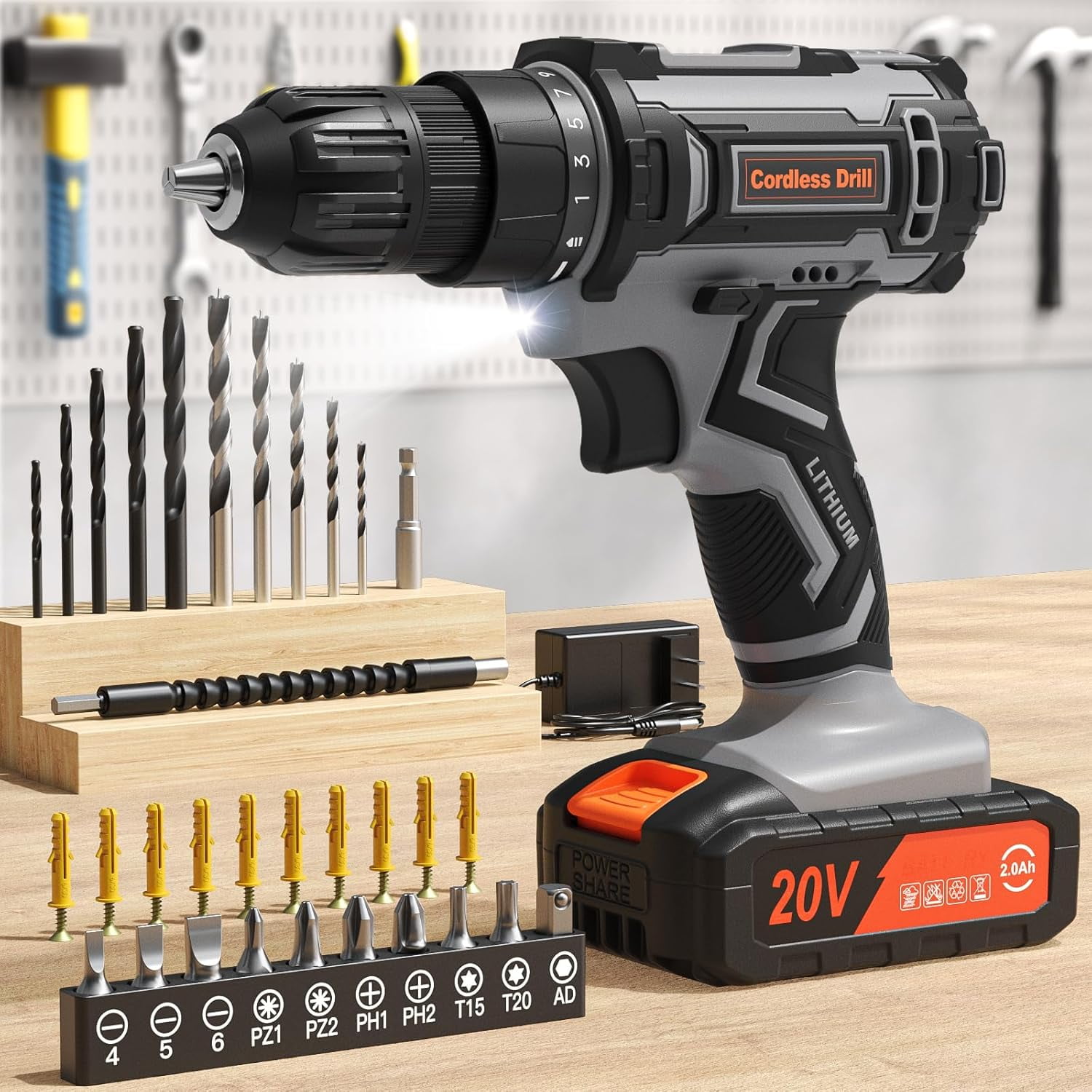 Cordless Drill Set, 20V Power Drill with Power 2.0Ah and , 3/8-Inch ...