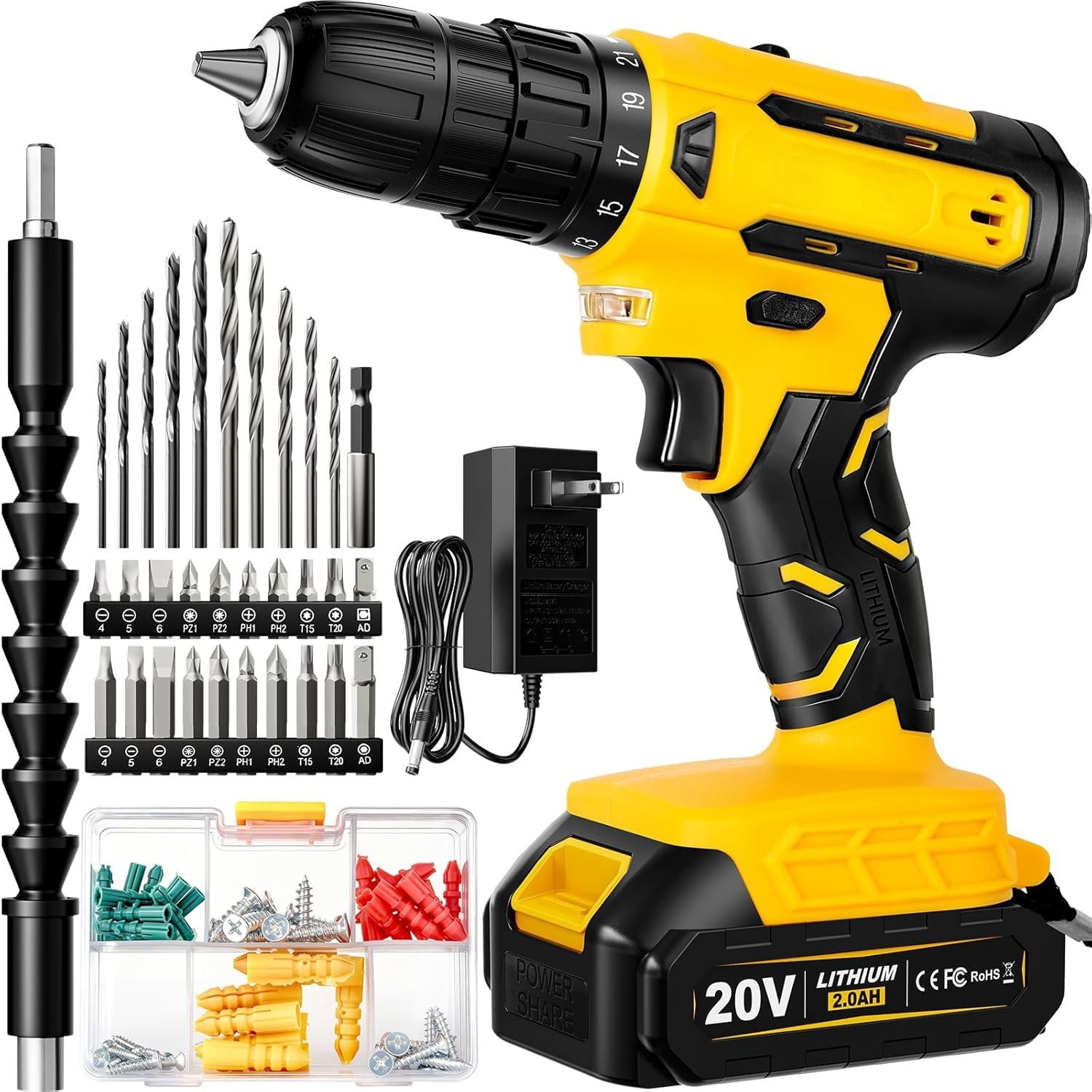 Cordless Drill Set,21+1Torque,20V Power Drill with 2000mAh and 2A ...