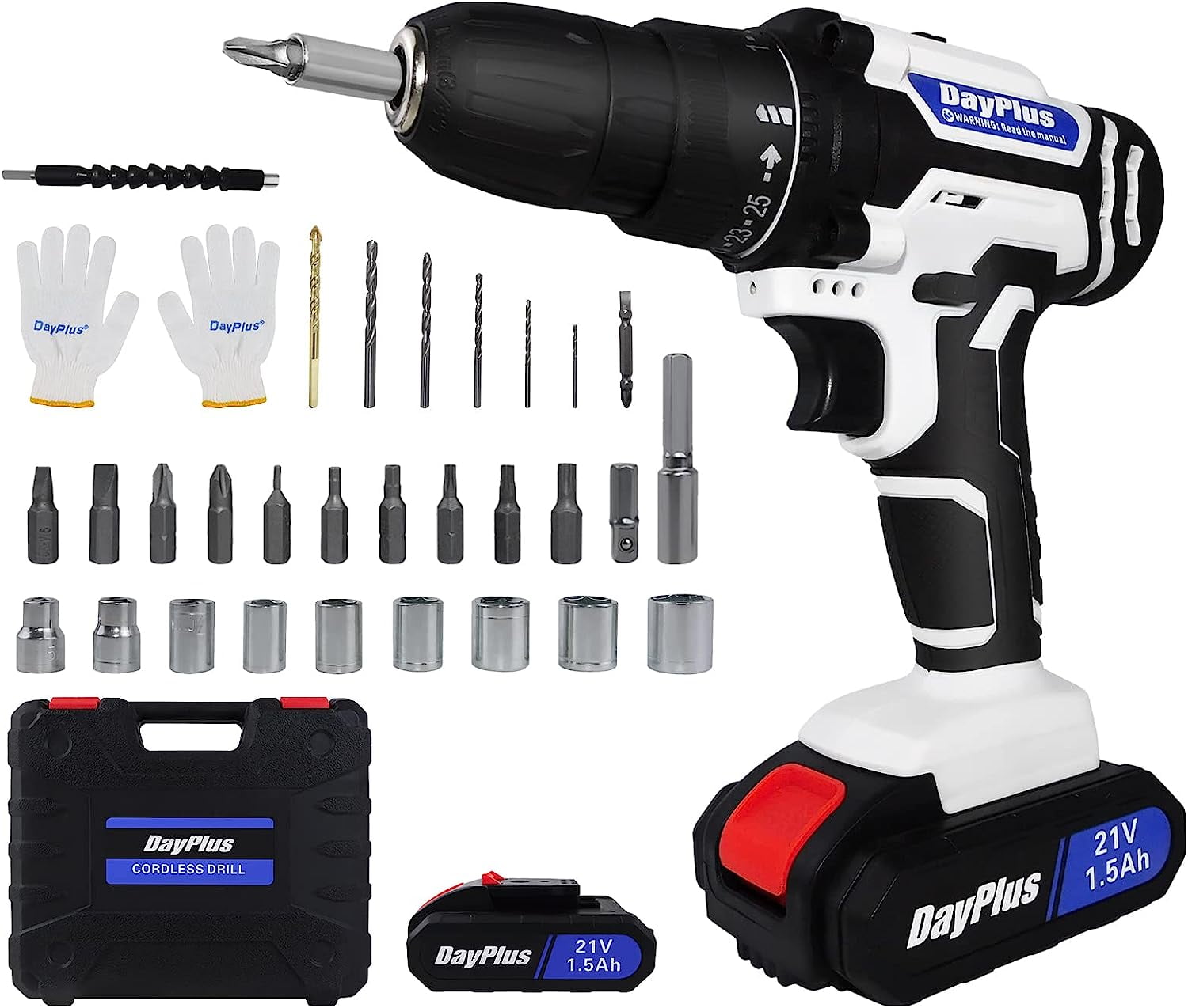 Cordless Drill Set 25+1 Torque Power Drill/Driver Kit, 21V Electric ...