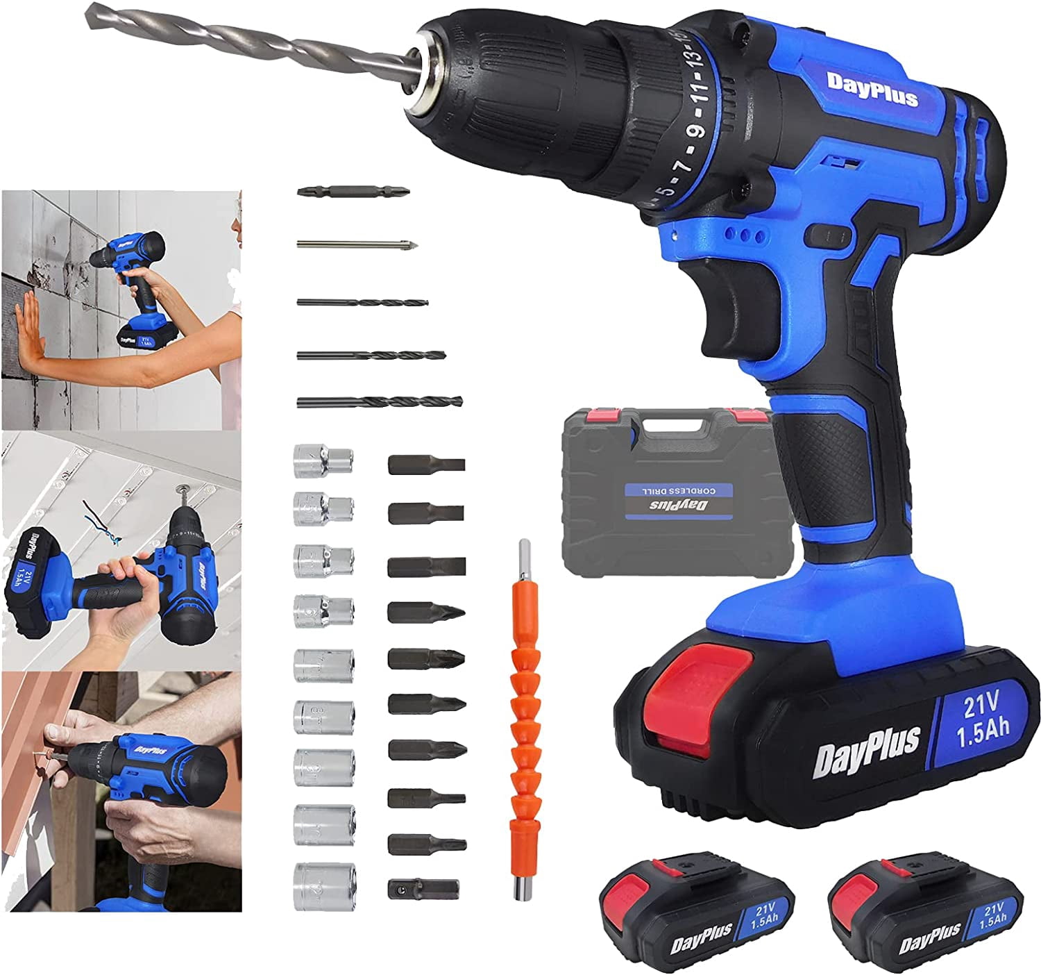 Cordless Drill Set 25+1 Torque Power Drill/Driver Kit, 21V Electric ...