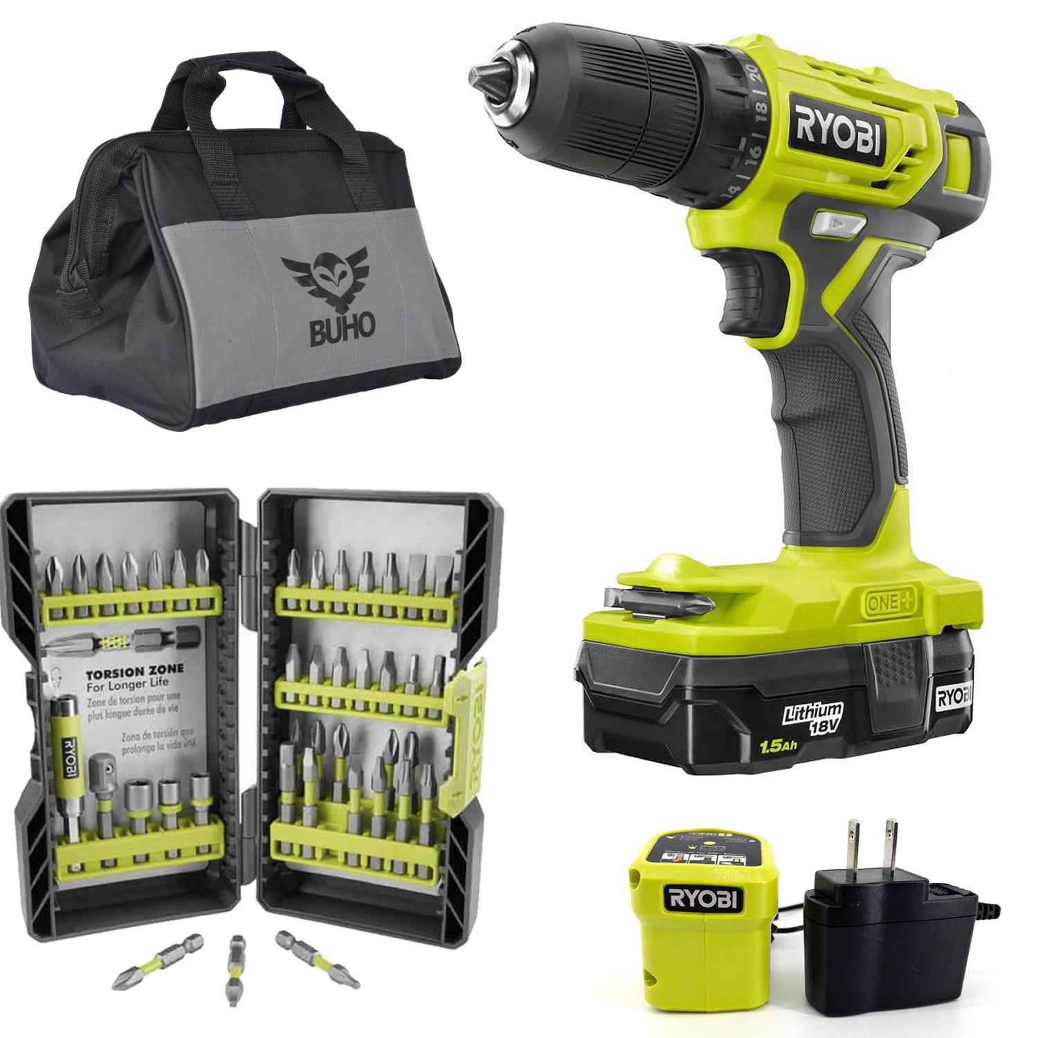 Cordless Drill Set Bundle with Ryobi 18V ONE+ Drill Driver, 3/8 Inch ...