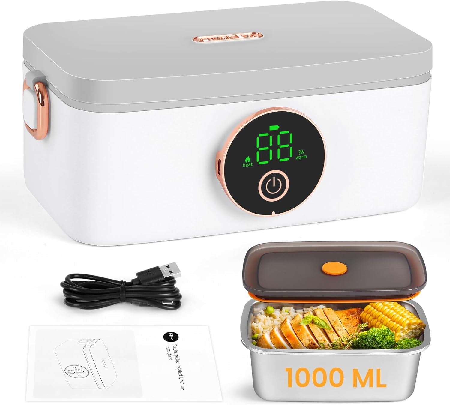 Cordless Electric Lunch Box, 1L Self heating lunch box Battery Powered ...