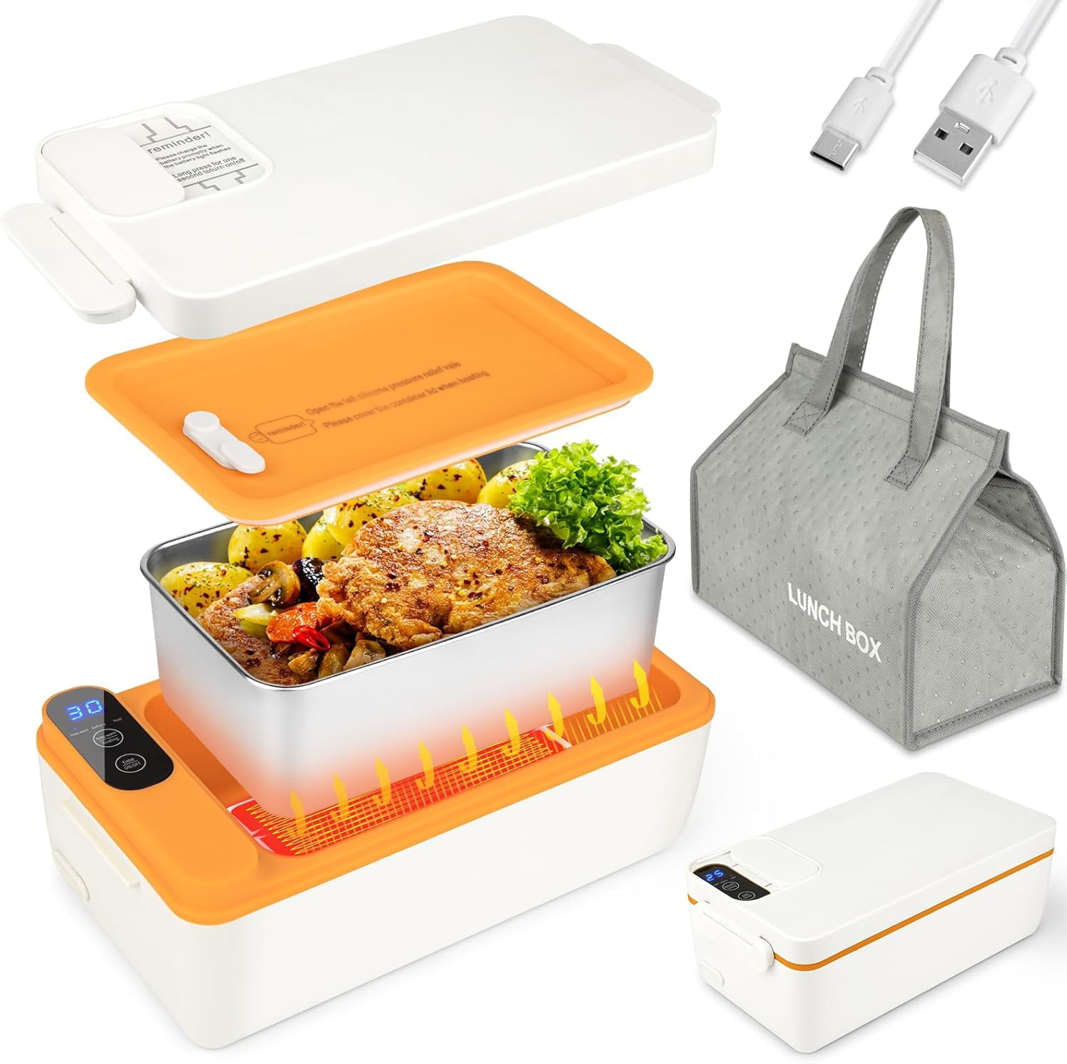 Cordless Electric Lunch Box, No Water Required Battery Powered Heated ...