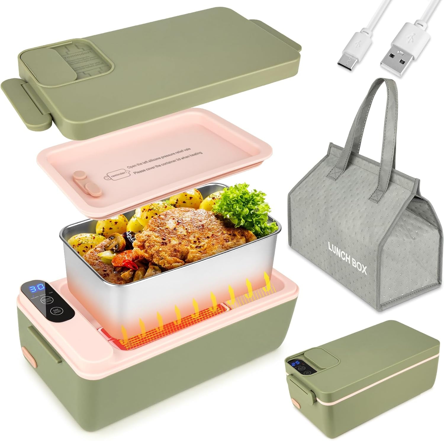 Cordless Electric Lunch Box, No Water Required Battery Powered Heated ...