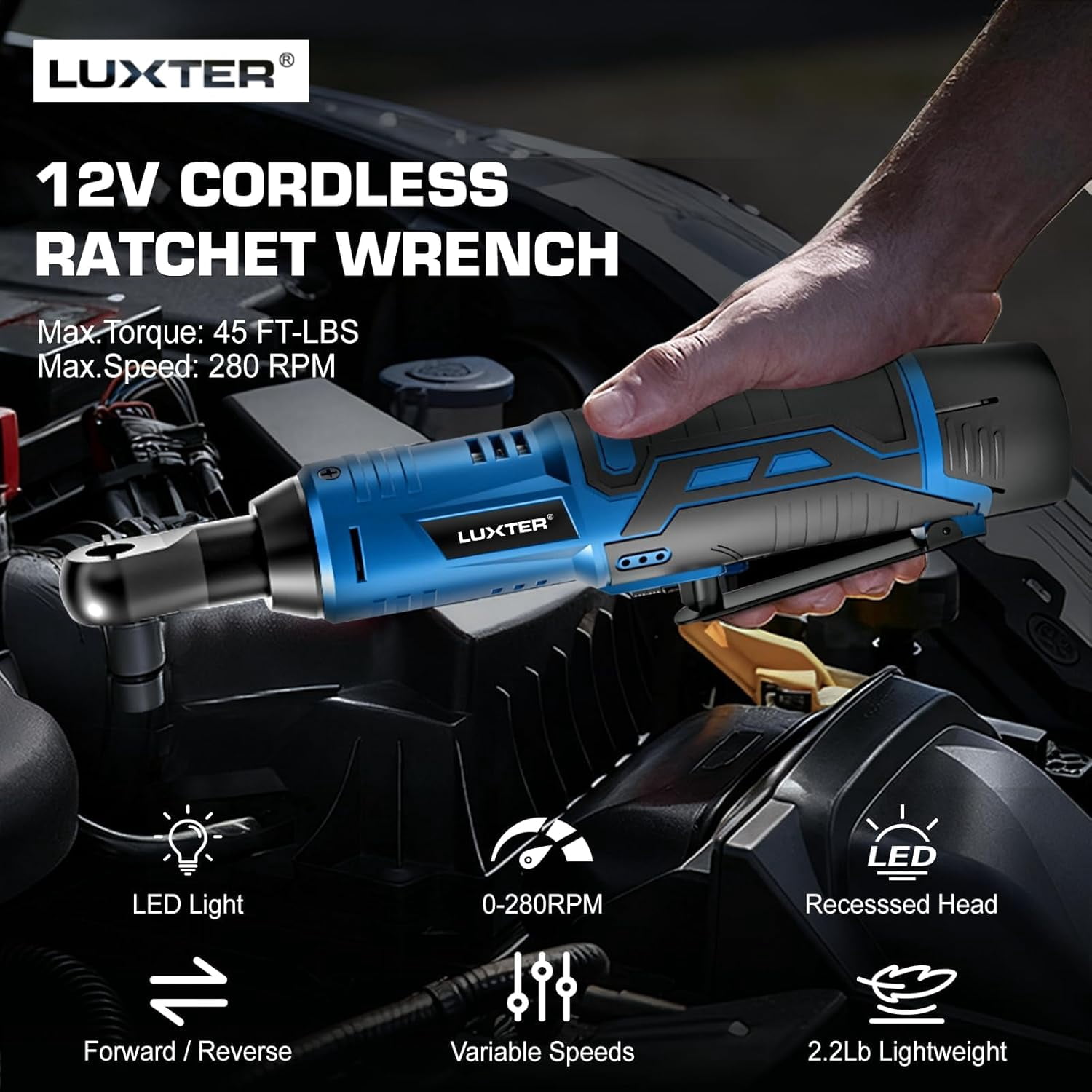 Cordless Electric Ratchet Wrench 3/8", 12V, 45 Ft-lbs, Power Ratchet ...
