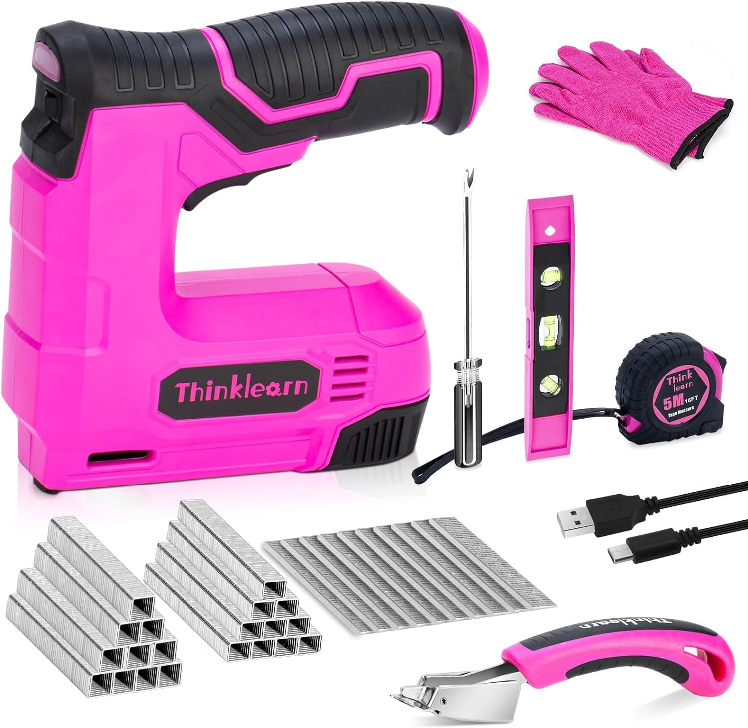 Cordless Electric Staple Gun Set,10 Piece 2 in 1 Pink Stapler and Nail ...