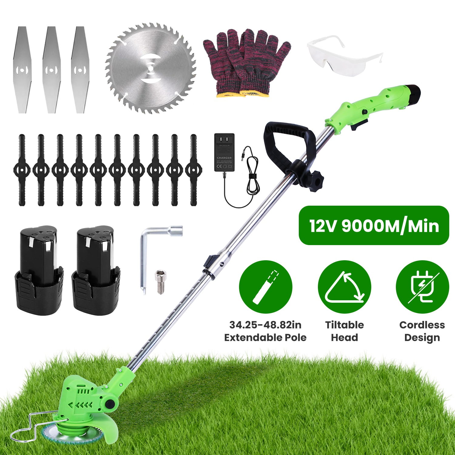 Cordless Grass Trimmer, 200W 1200mAh Battery, 3 Blade Types, Adjustable Length & Angle ...